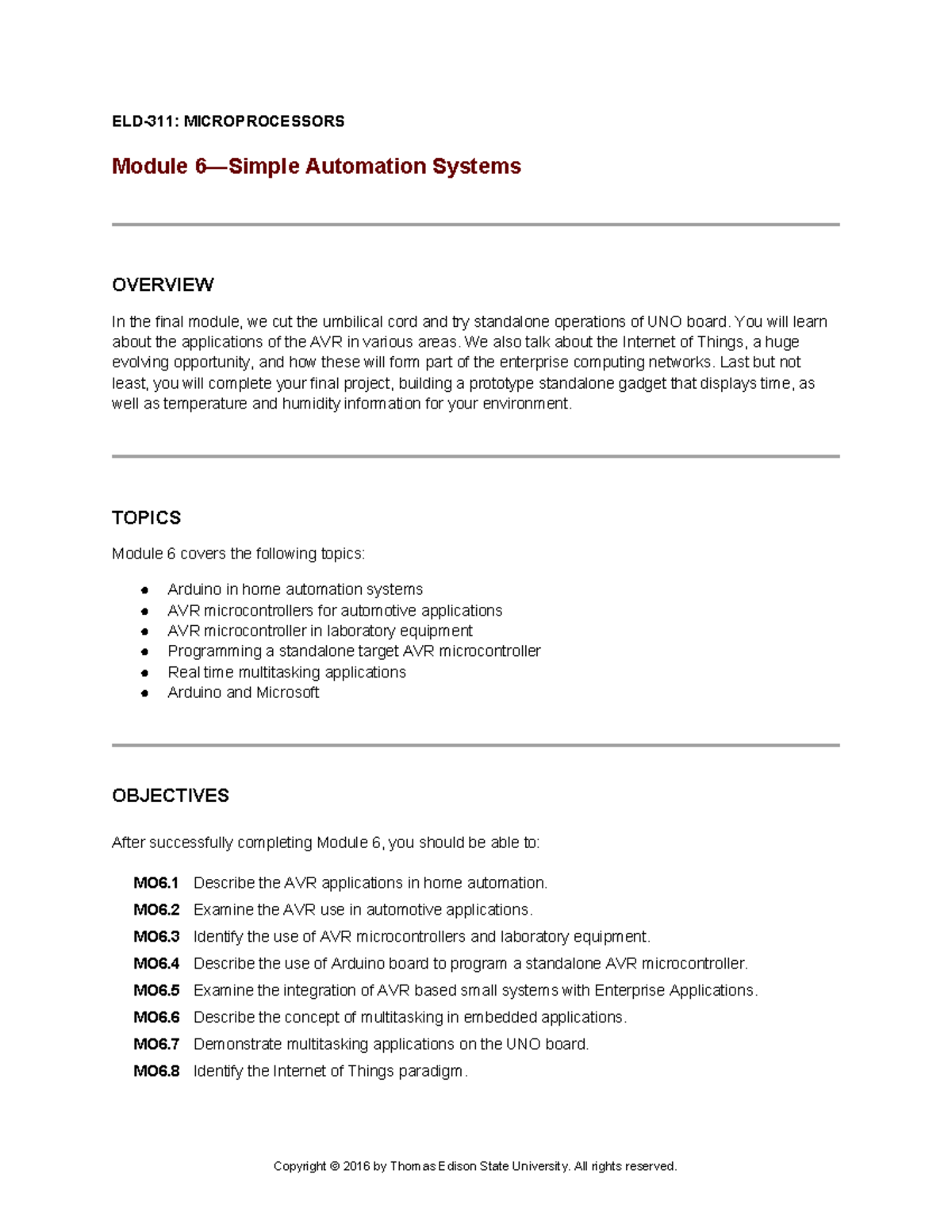 Module 6 ELD-311-jul16 - ELD-311: MICROPROCESSORS Module 6—Simple ...