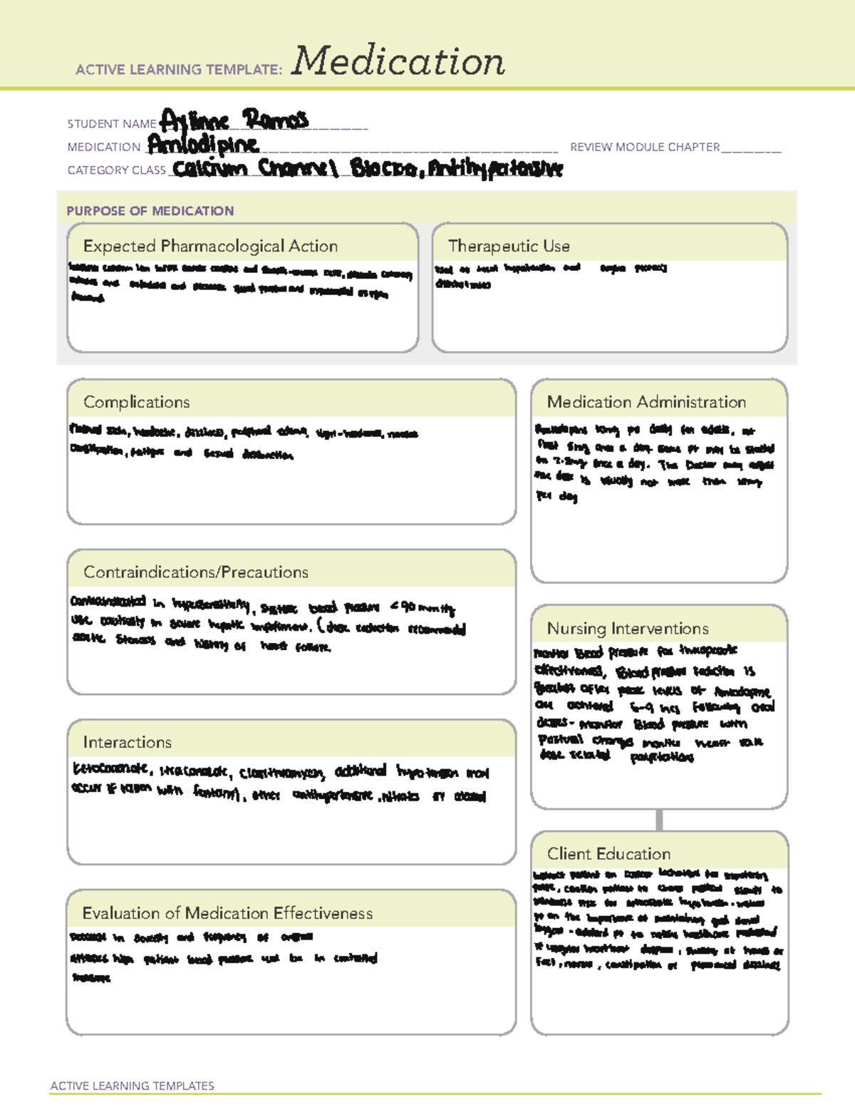 Amlodopine ATI remediation - ACTIVE LEARNING TEMPLATES Medication ...