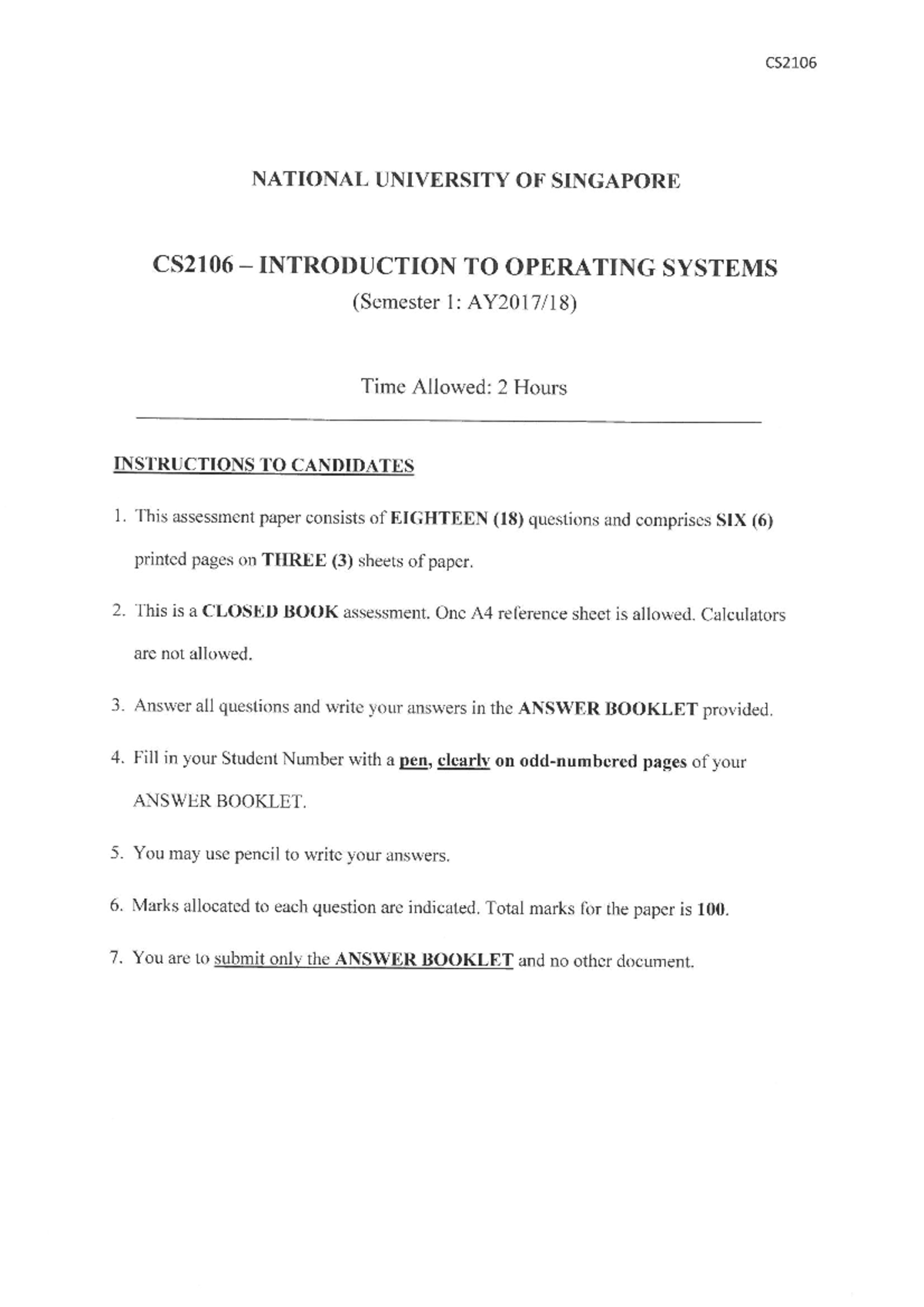 1718SEM1-S2106 - This is a practice paper for CS2106! - CS2106 - Studocu