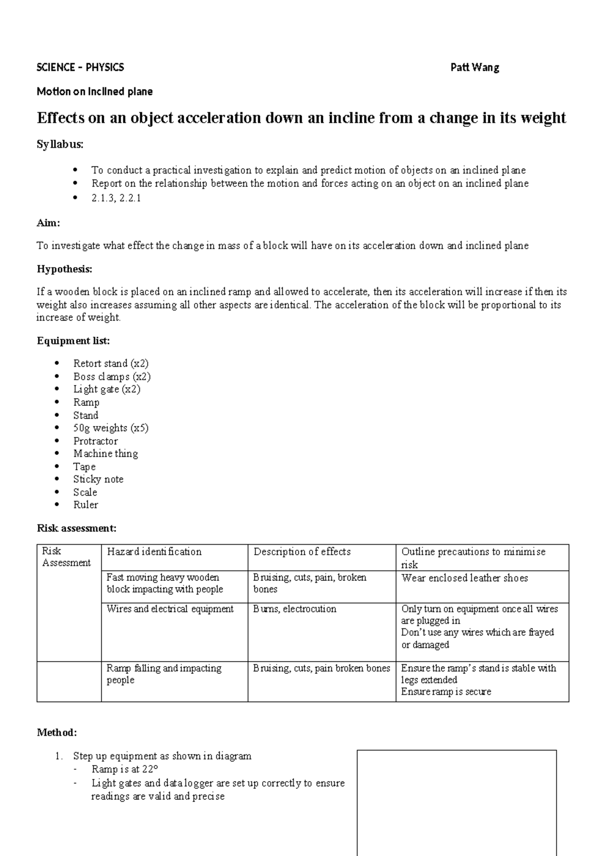 Depth Study Mod 1 Report - SCIENCE – PHYSICS Patt Wang Motion on ...