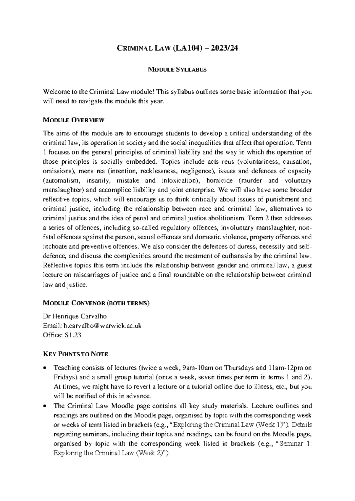 Criminal Law Syllabus 23-24 - CRIMINAL LAW (LA104) – 2023/ MODULE ...