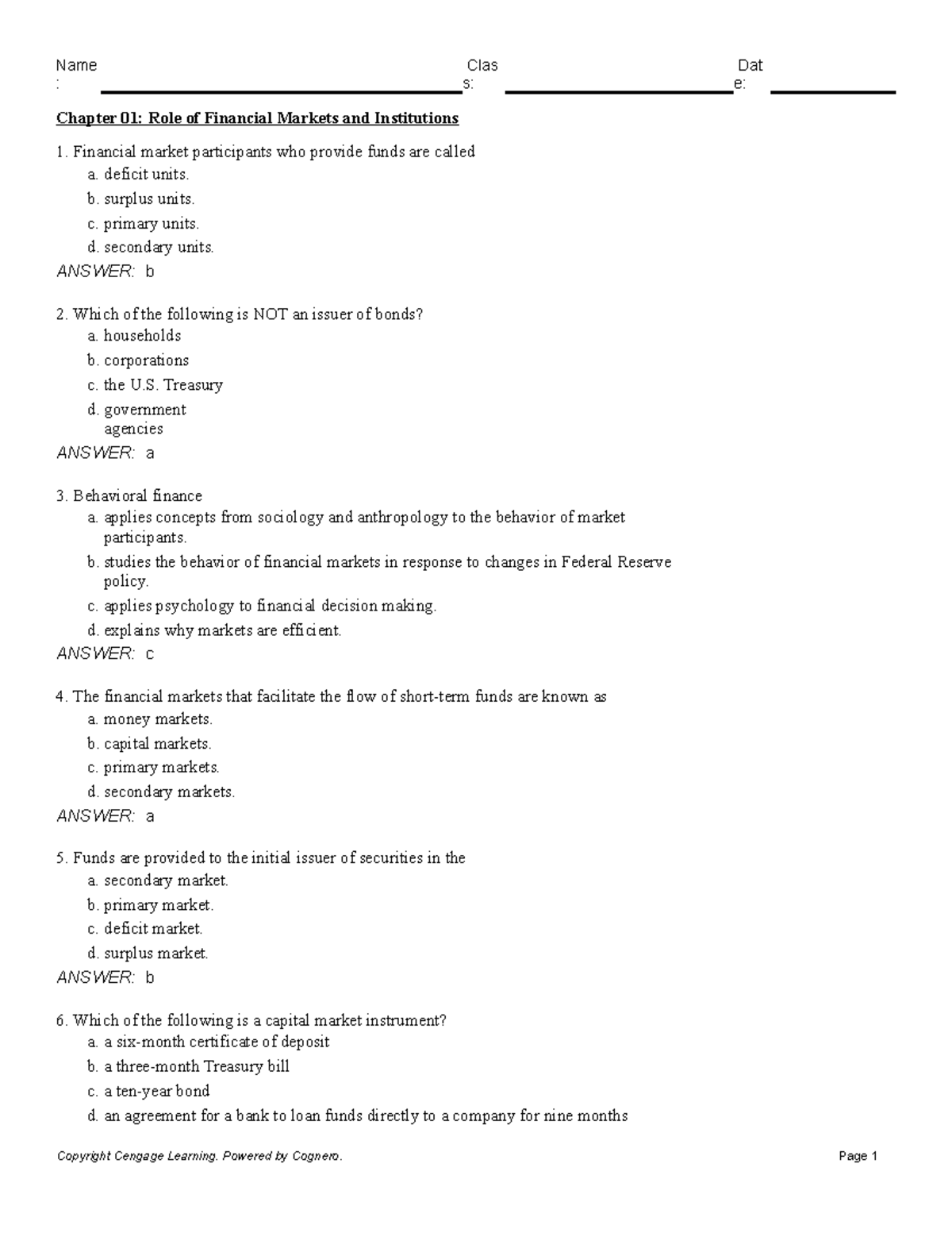 Test Bank Chapter 01 Role of Financial Markets and Institutions ...
