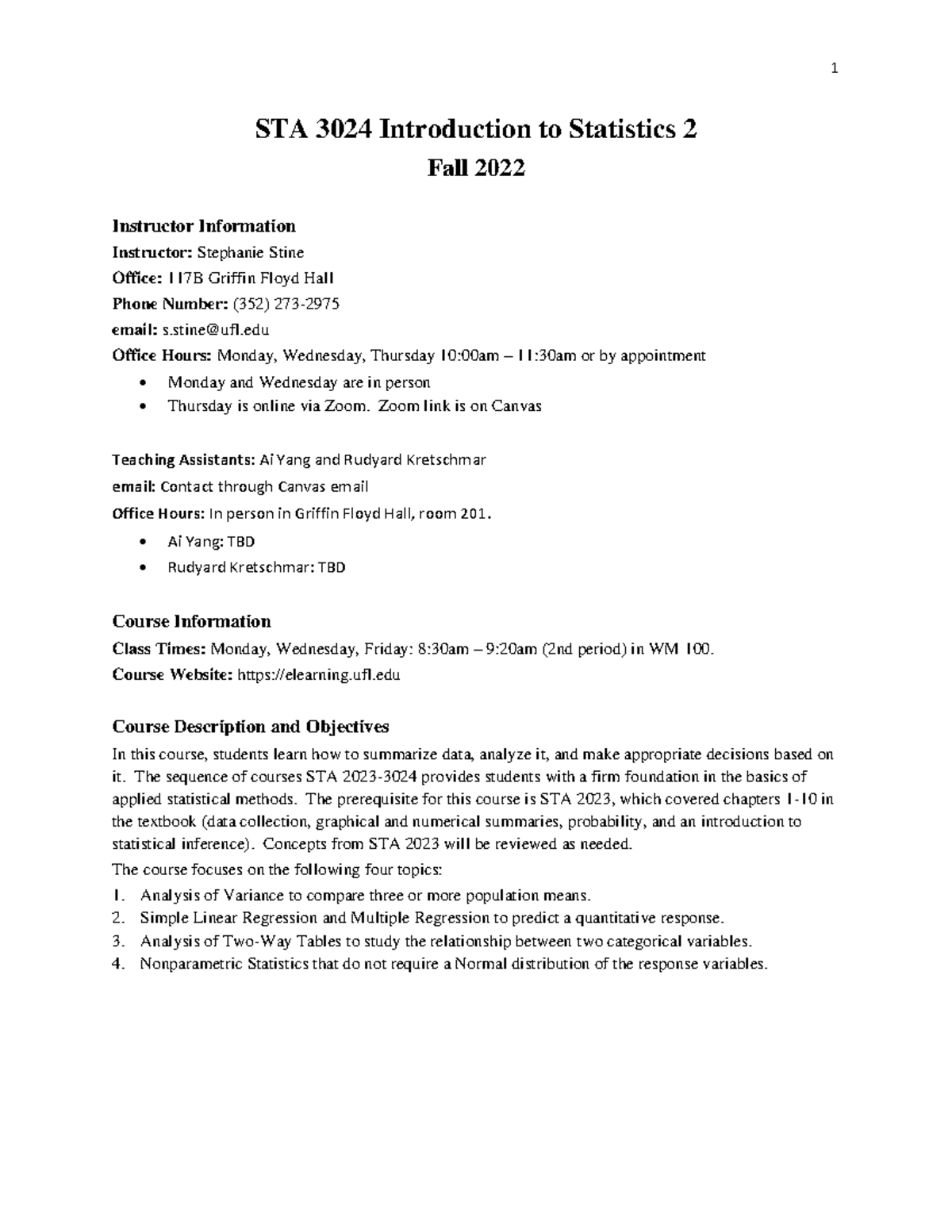 STA3024 Syllabus Stine Fall2022 - STA 3024 Introduction to Statistics 2 ...