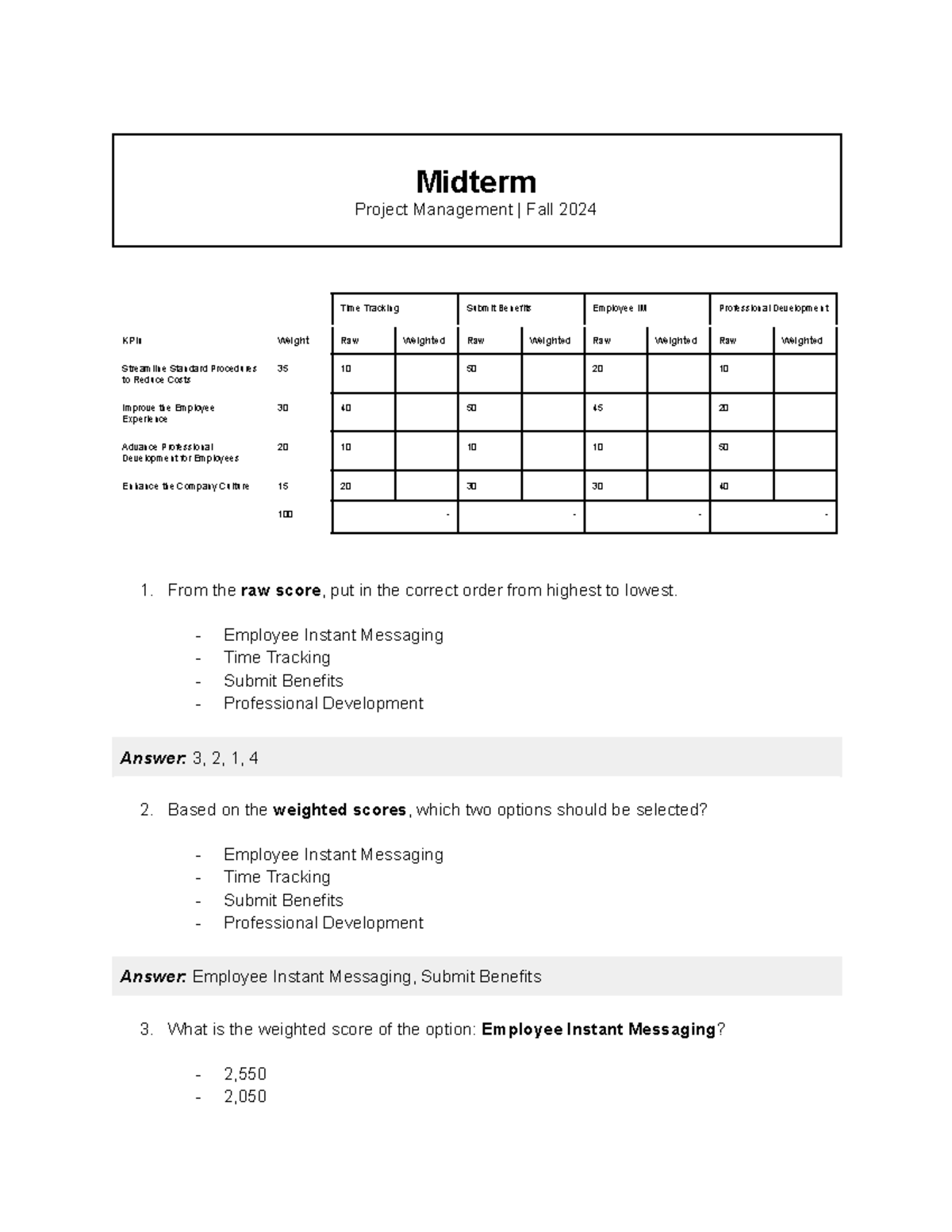 Midterm Fall 2024 BUS1040 - Midterm Project Management | Fall 2024 Time ...