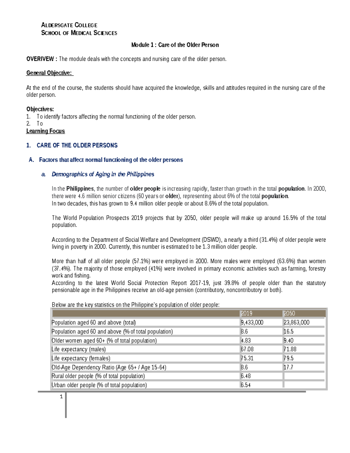 Module 1 - care of older adult - SCHOOL OF MEDICAL SCIENCES Module 1 ...