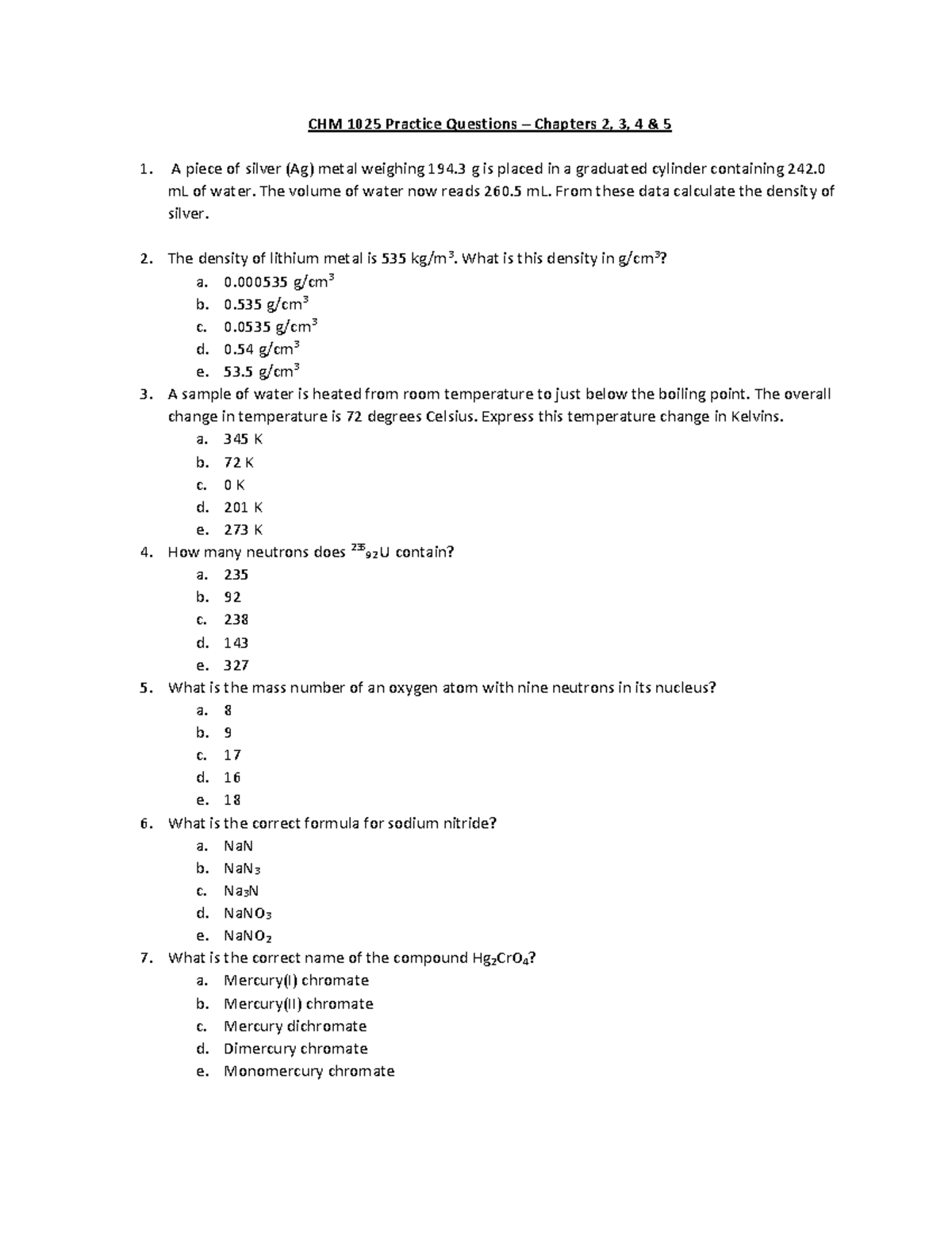 CHM1025-Practice Exam 1 - CHM 1025 Practice Questions – Chapters 2, 3 ...