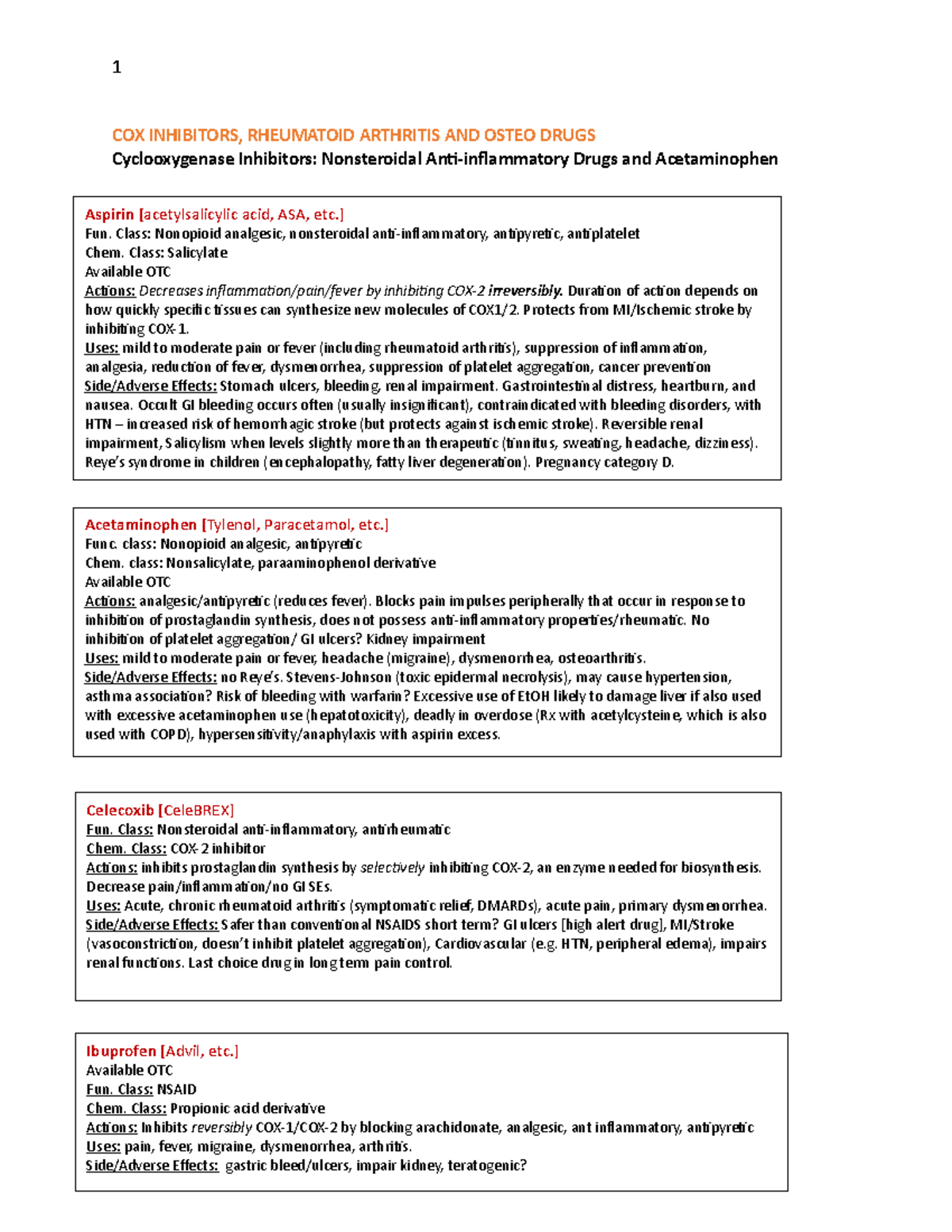 Master drug list - PHA3112 FINAL EXAM - COX INHIBITORS, RHEUMATOID ...