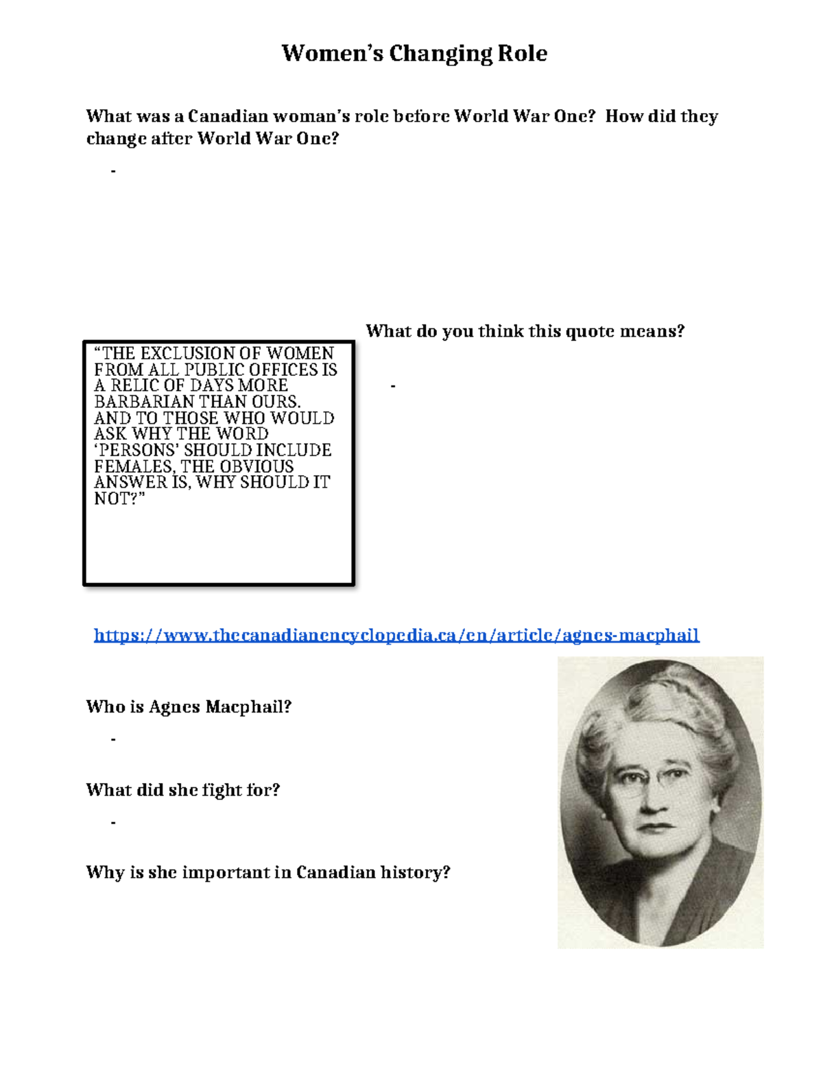 Copy of Women’s Changing Role - Women’s Changing Role What was a ...