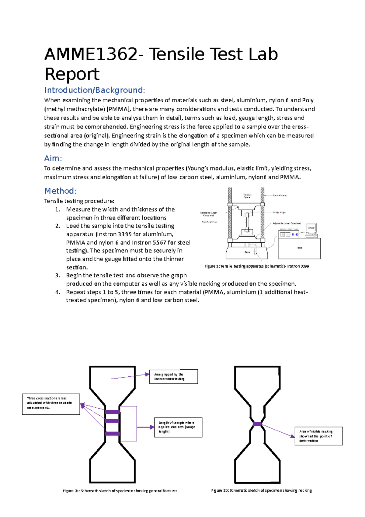 AMME1362 Lab Report 1 - AMME1362- Tensile Test Lab Report Introduction ...