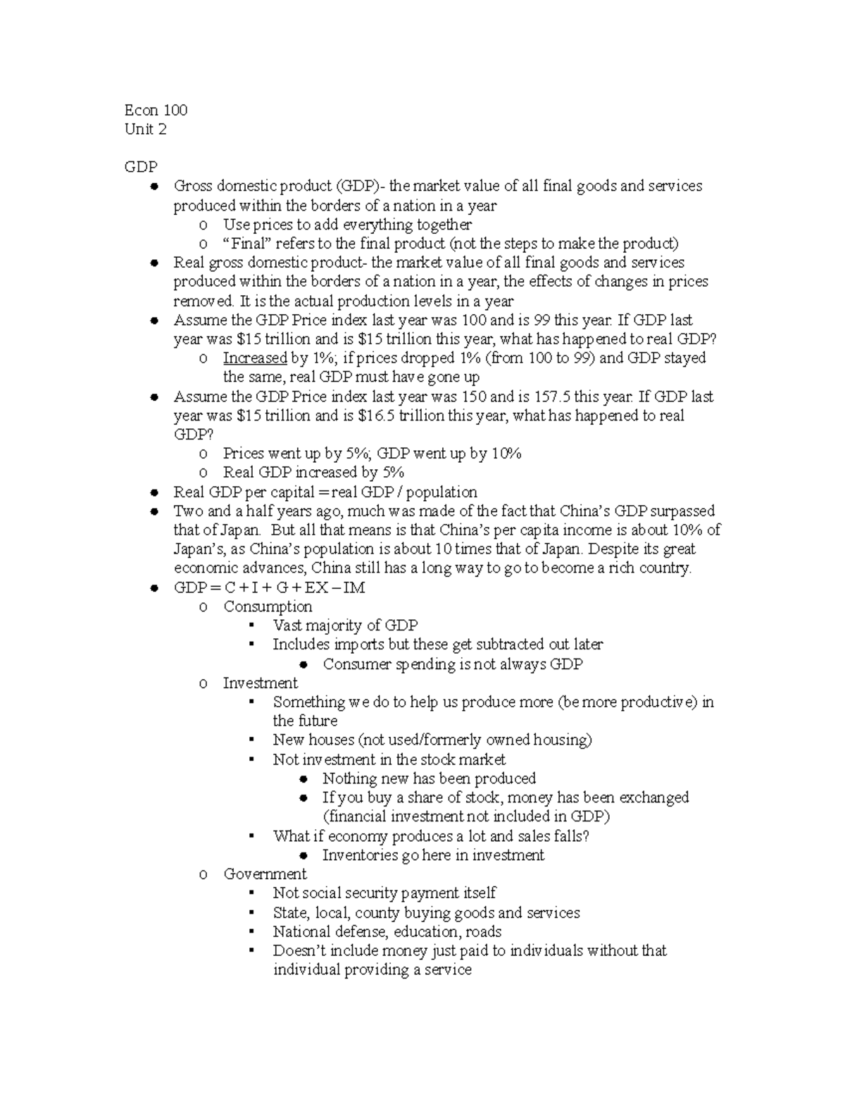 Econ unit 2 - Lecture notes 2 - Econ 100 Unit 2 GDP Gross domestic ...