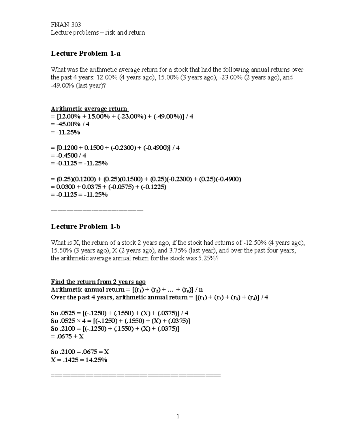 Risk and Return Lecture Problems Solutions #2 - Lecture problems – risk and return Lecture ...