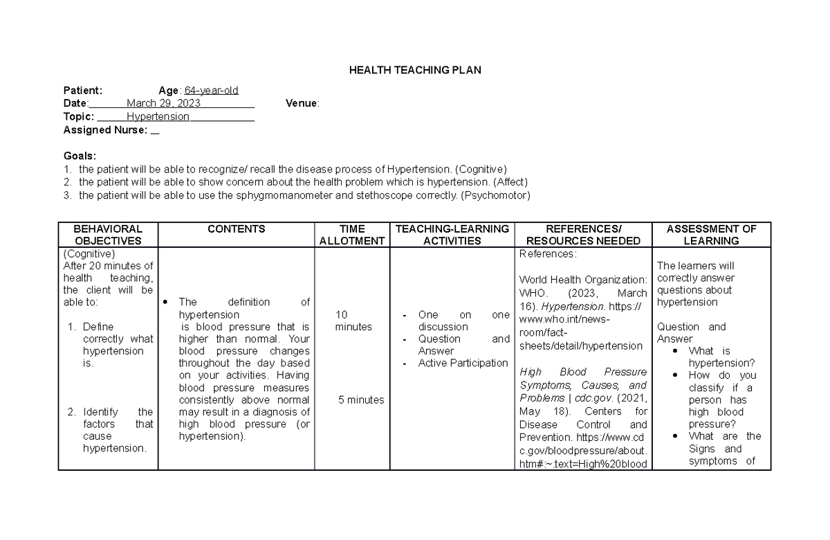 Health Teaching PLAN - HEALTH TEACHING PLAN Patient: Age: 64-year-old ...