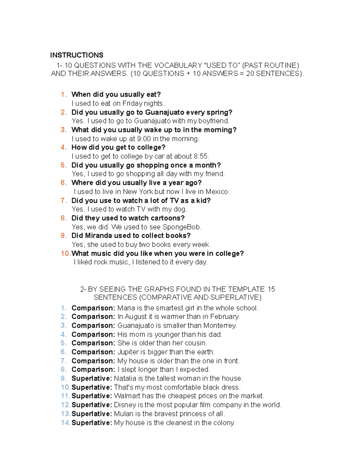 Idioma extranjero 2 Assignment 6 TEXT - INSTRUCTIONS 1- QUESTIONS WITH THE VOCABULARY "USED TO ...