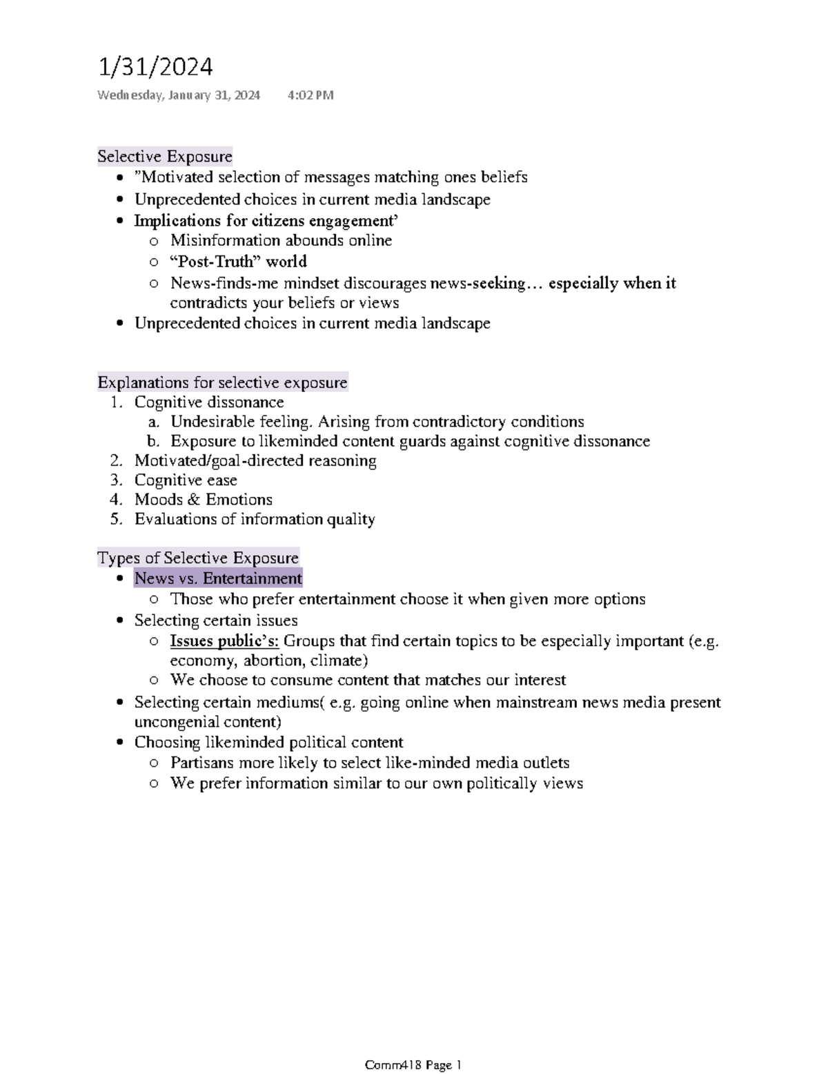 Comm 418 Professor Skurka - Selective Exposure - "Motivated selection ...