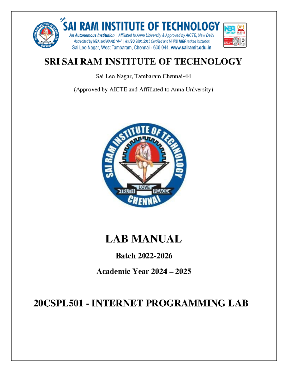 IP Lab Manual- 20CSPL501- 2024-2025 - SRI SAI RAM INSTITUTE OF ...