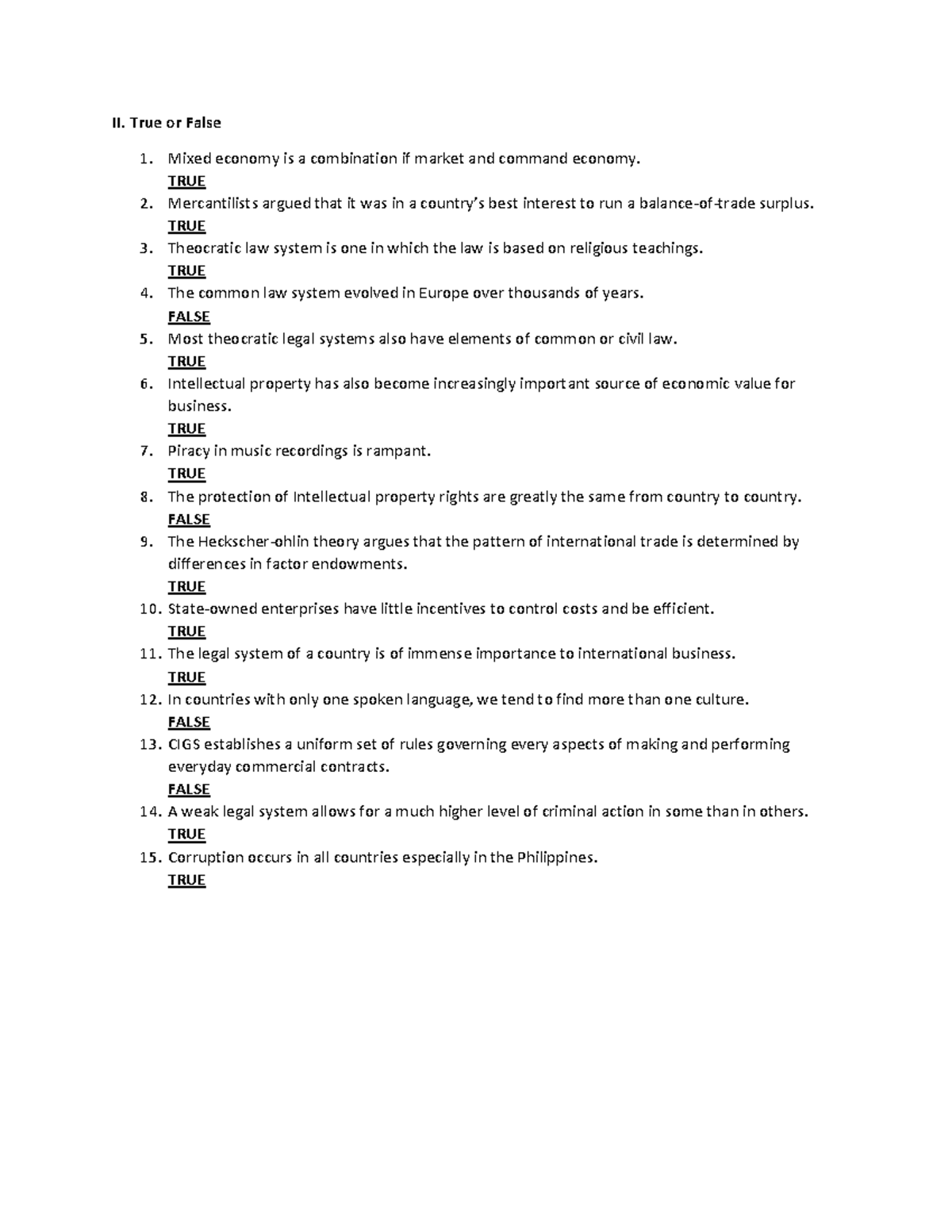 True or False Part II - International Business and Trade Examination ...