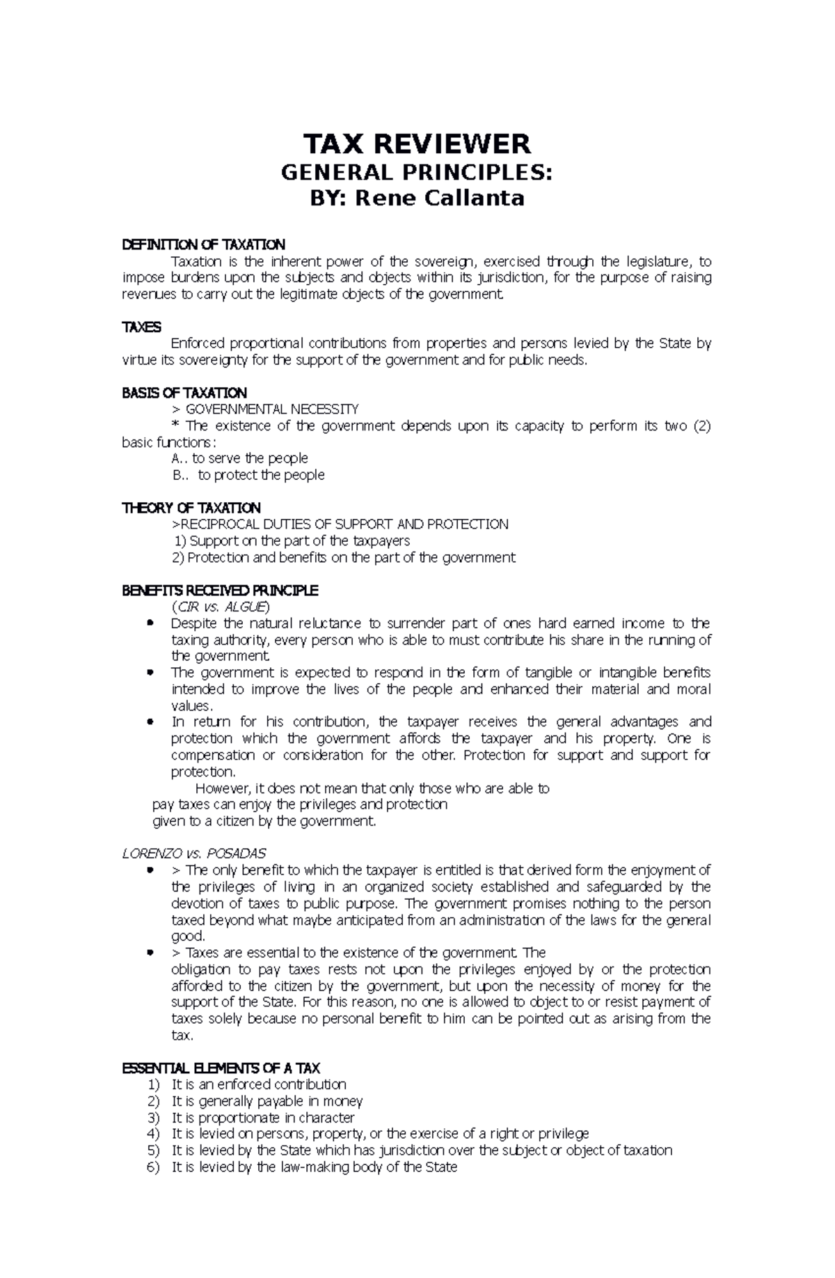 TAX Reviewer - BAR REVIEW NOTES - TAX REVIEWER GENERAL PRINCIPLES: BY ...