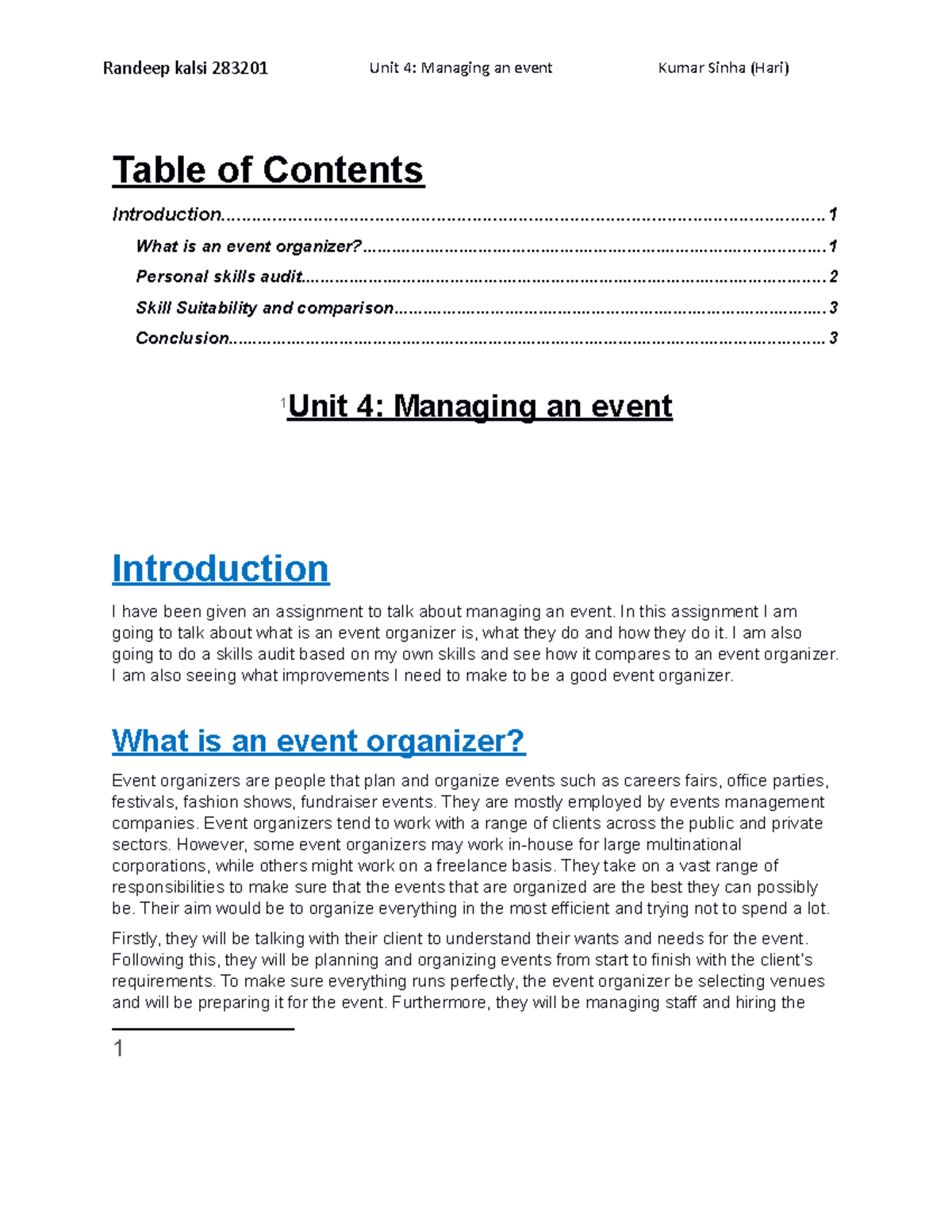 Unit 4 Managing an Event Task 1 - Randeep kalsi 283201 Unit 4: Managing ...