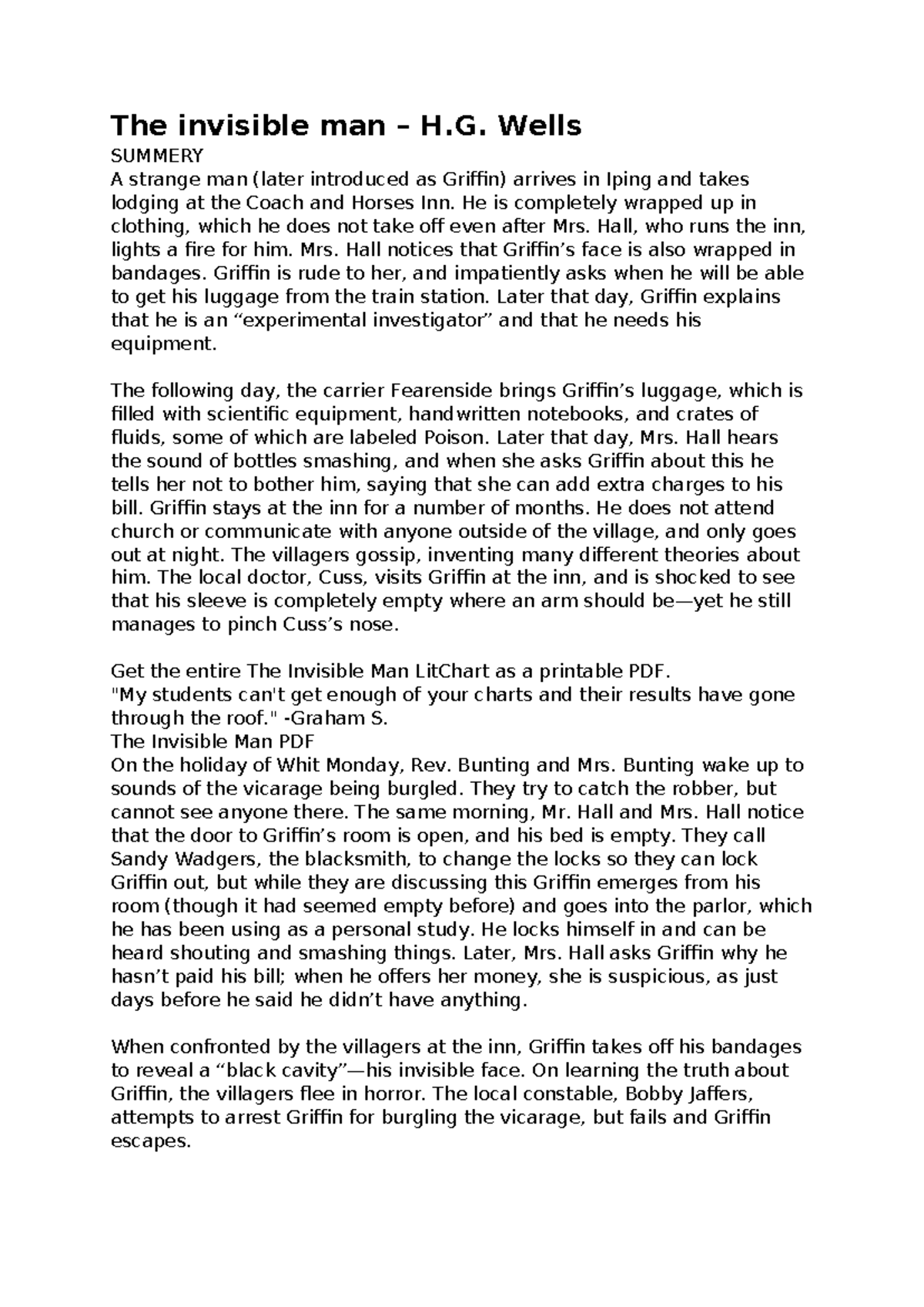 The invisible man - Wells SUMMERY A strange man (later introduced as ...