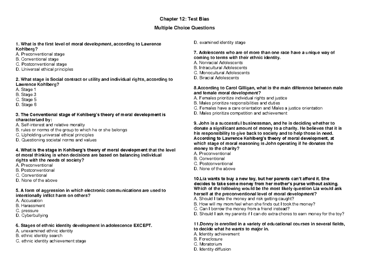 Chapter 12 questions - devpsych mcq - Chapter 12: Test Bias Multiple ...