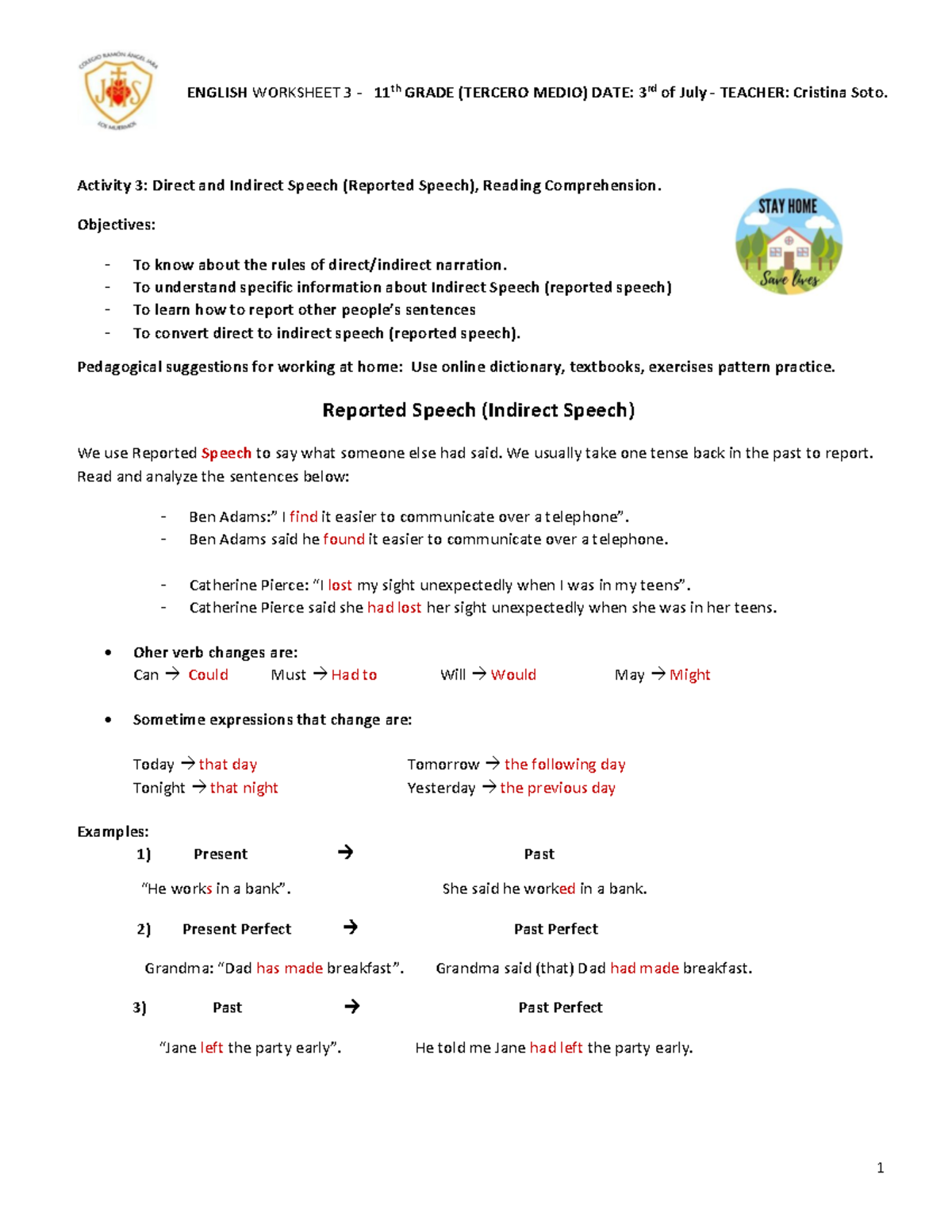 Worksheet 3 tercero Ingles - 1 Activity 3: Direct and Indirect Speech ...
