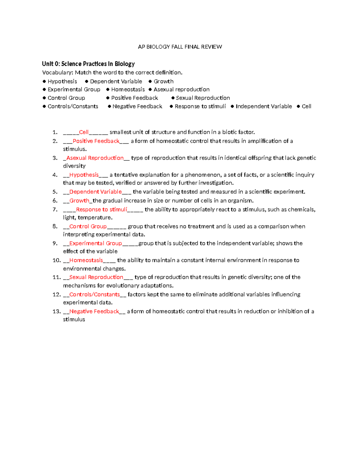 AP Biology FALL Final Review - AP BIOLOGY FALL FINAL REVIEW Unit 0 ...
