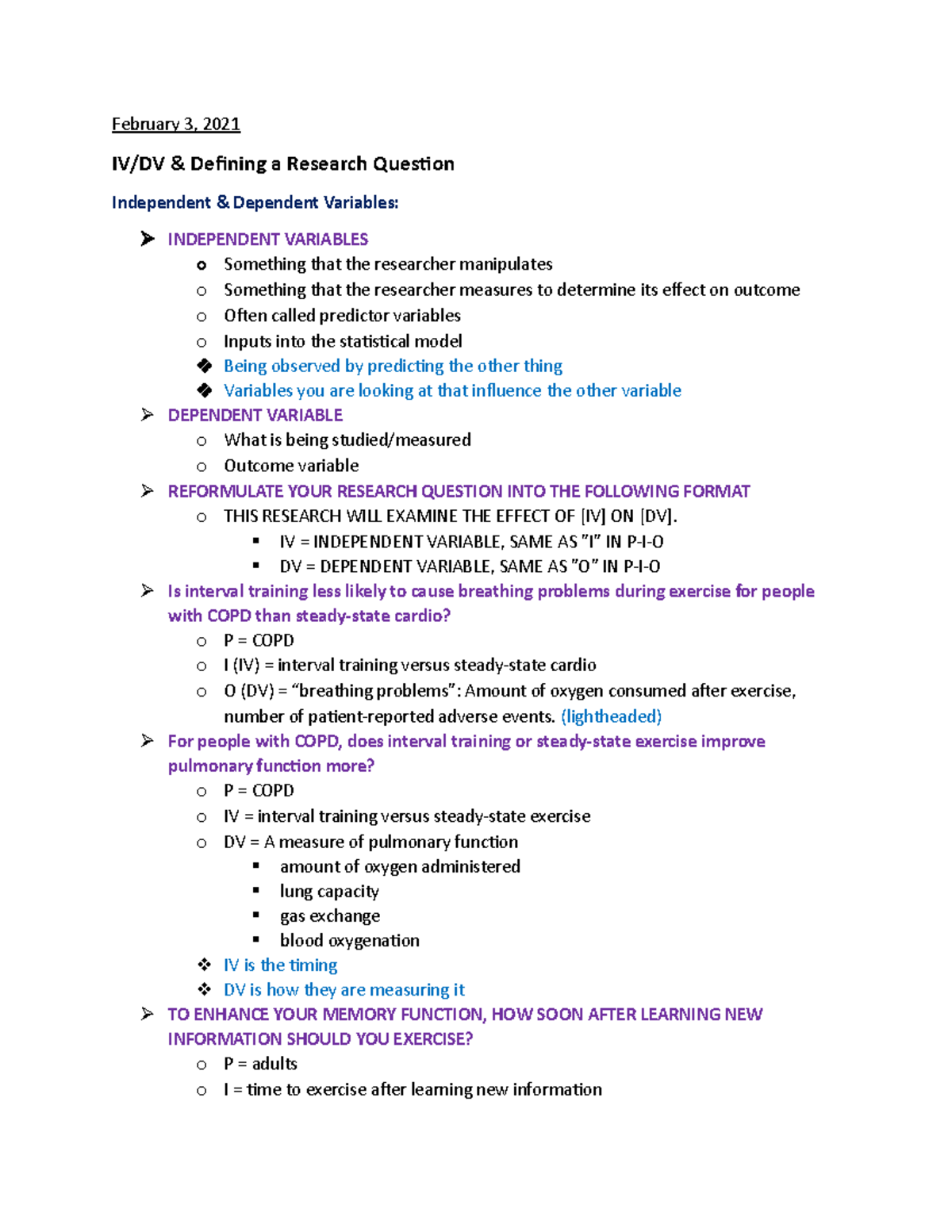IV & DV & Defining Research Question - February 3, 2021 IV/DV ...