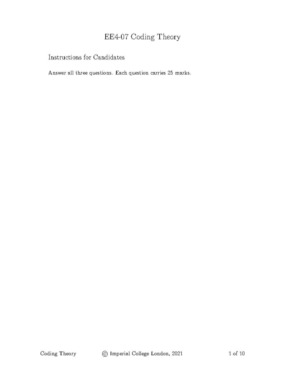 Coding Theory Paper Solutions - EE4-07 Coding Theory Instructions for ...