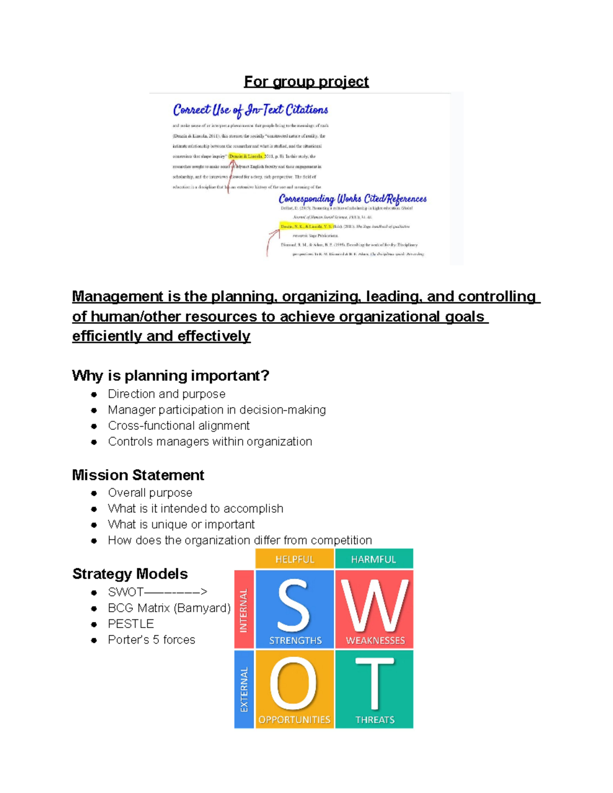 MGT 201 9 11 class notes - For group project Management is the planning ...