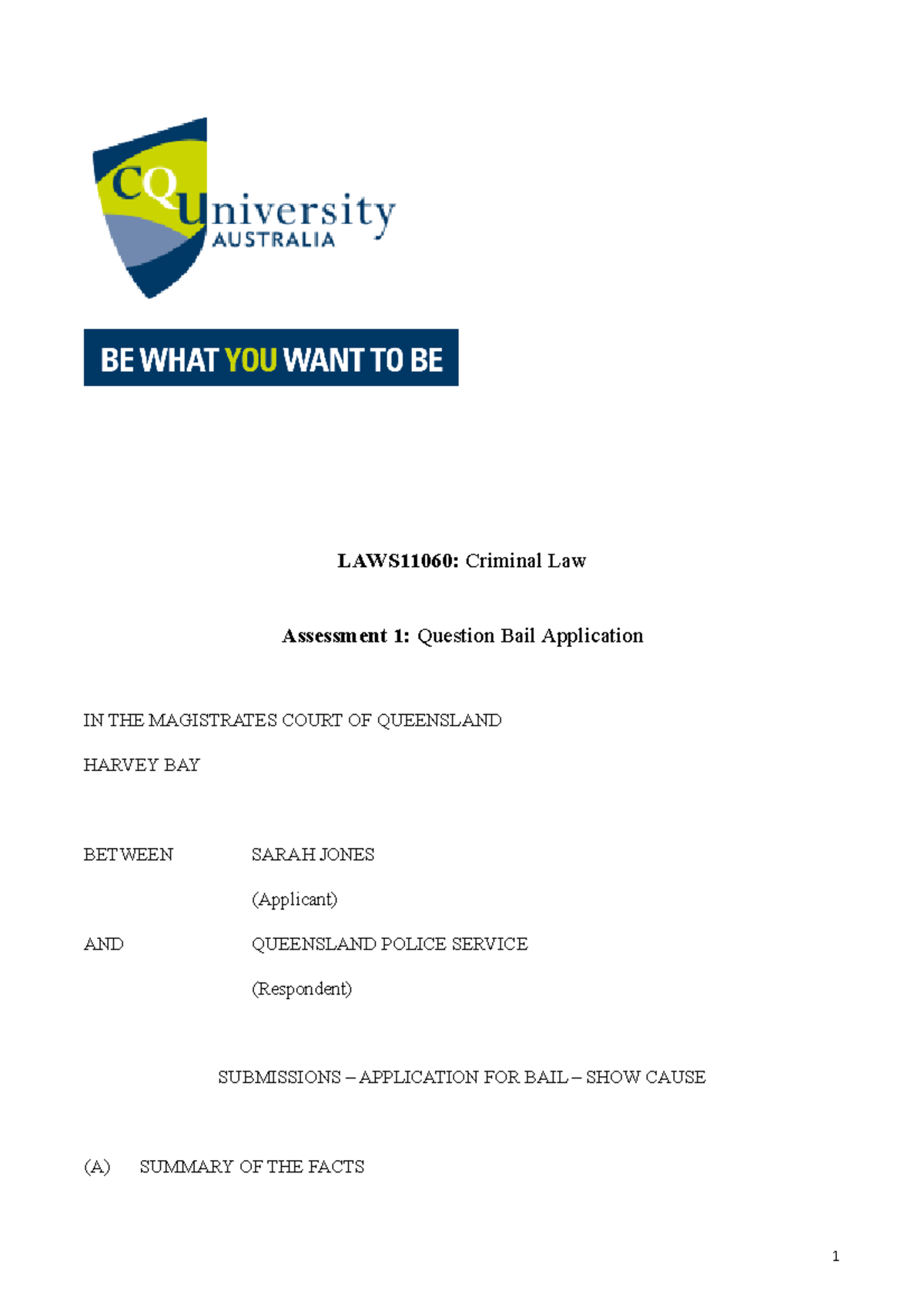 Assignment 1 Criminal Law BAIL APPLICATION HD 85 LAWS11060