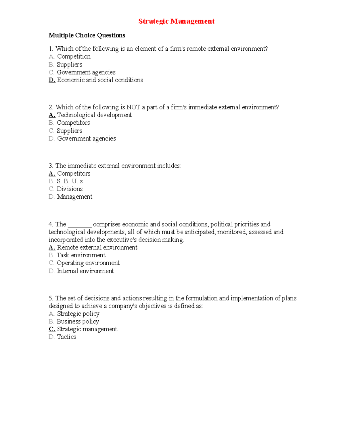 Strategic Management - Strategic Management Multiple Choice Questions ...