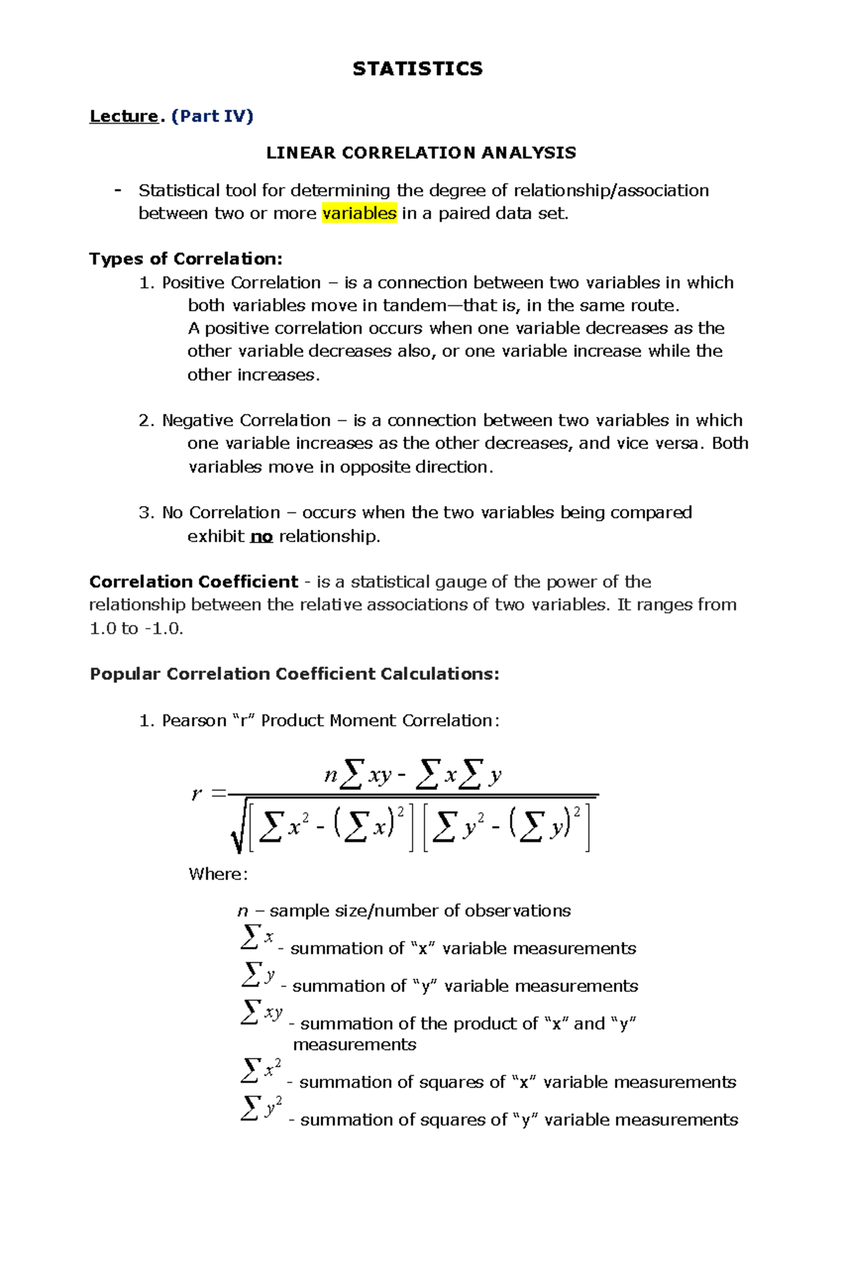 Statistics Module Part-4 - STATISTICS Lecture. (Part IV) LINEAR ...