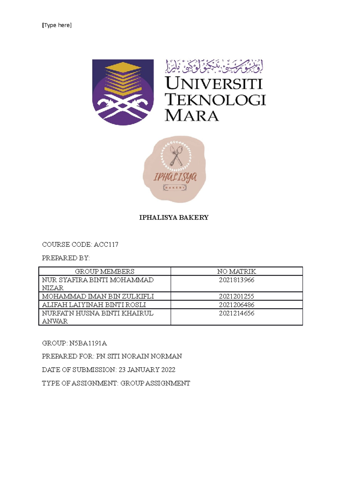 ACC117 Group Assignment Iphalisya Bakery - IPHALISYA BAKERY COURSE CODE ...