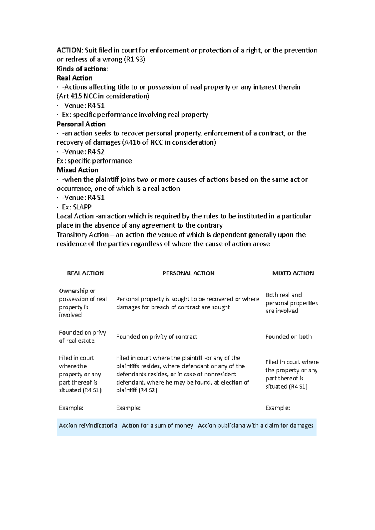 Kinds-of-action - Kinds of Actions - ACTION: Suit filed in court for ...