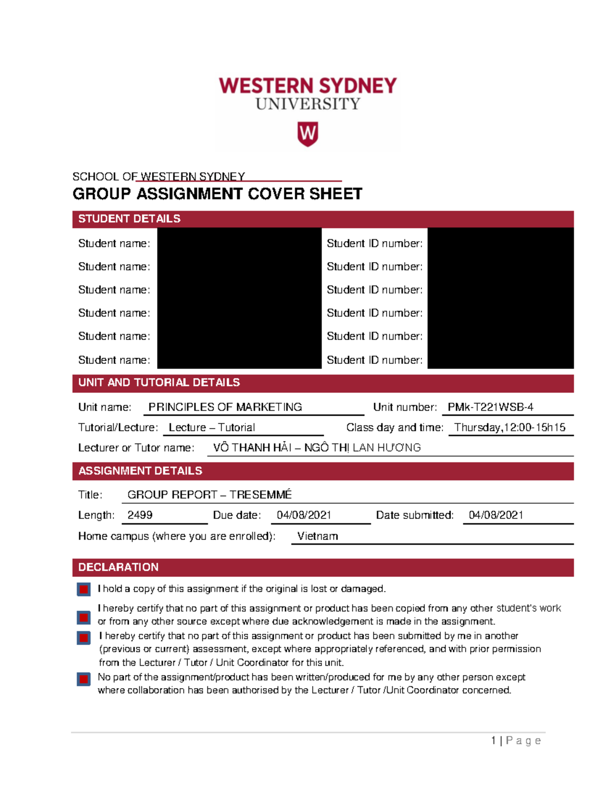 Tresemme PMk Group Report - SCHOOL OF WESTERN SYDNEY GROUP ASSIGNMENT ...
