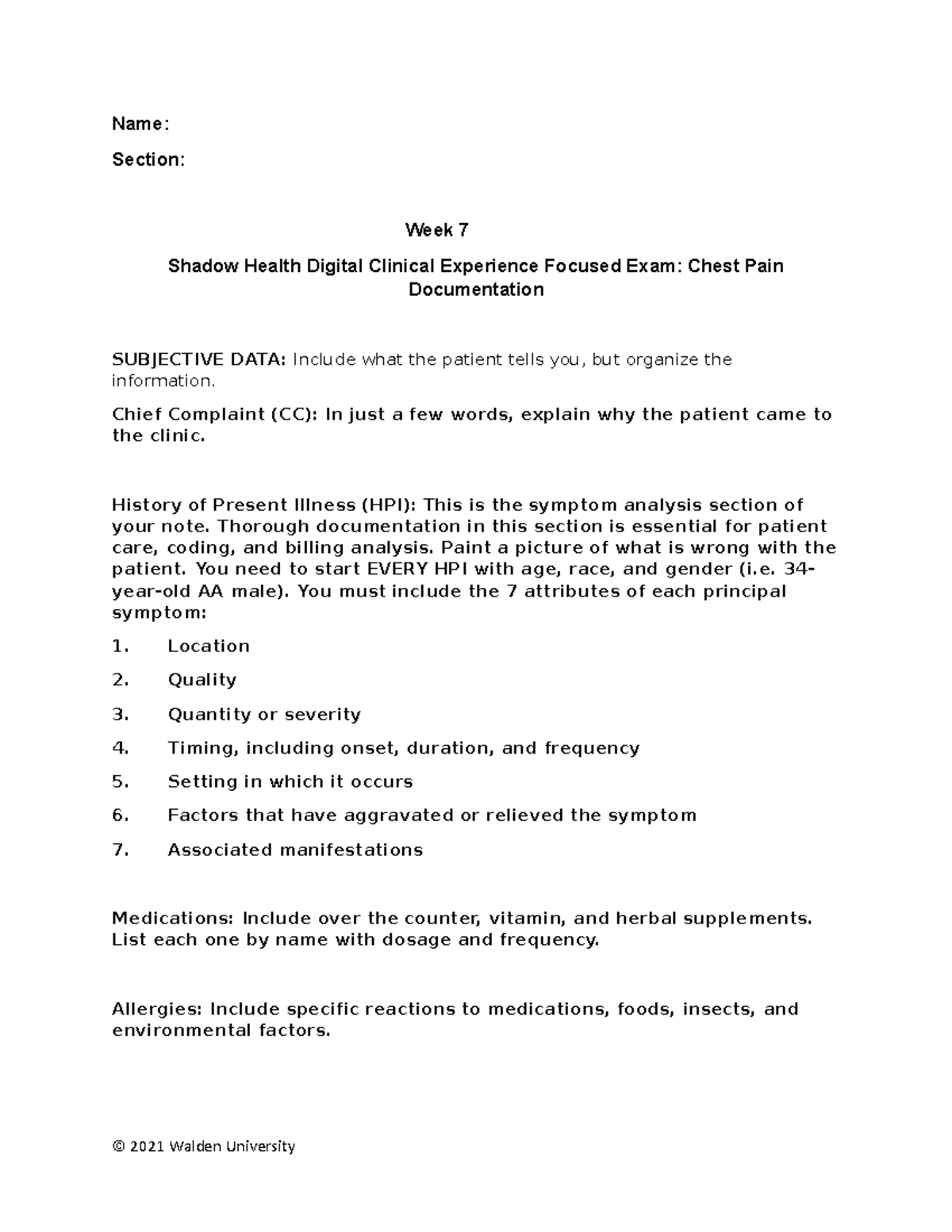 Week 7 SH Focused Chest Pain Template - 6512c - Walden - Studocu