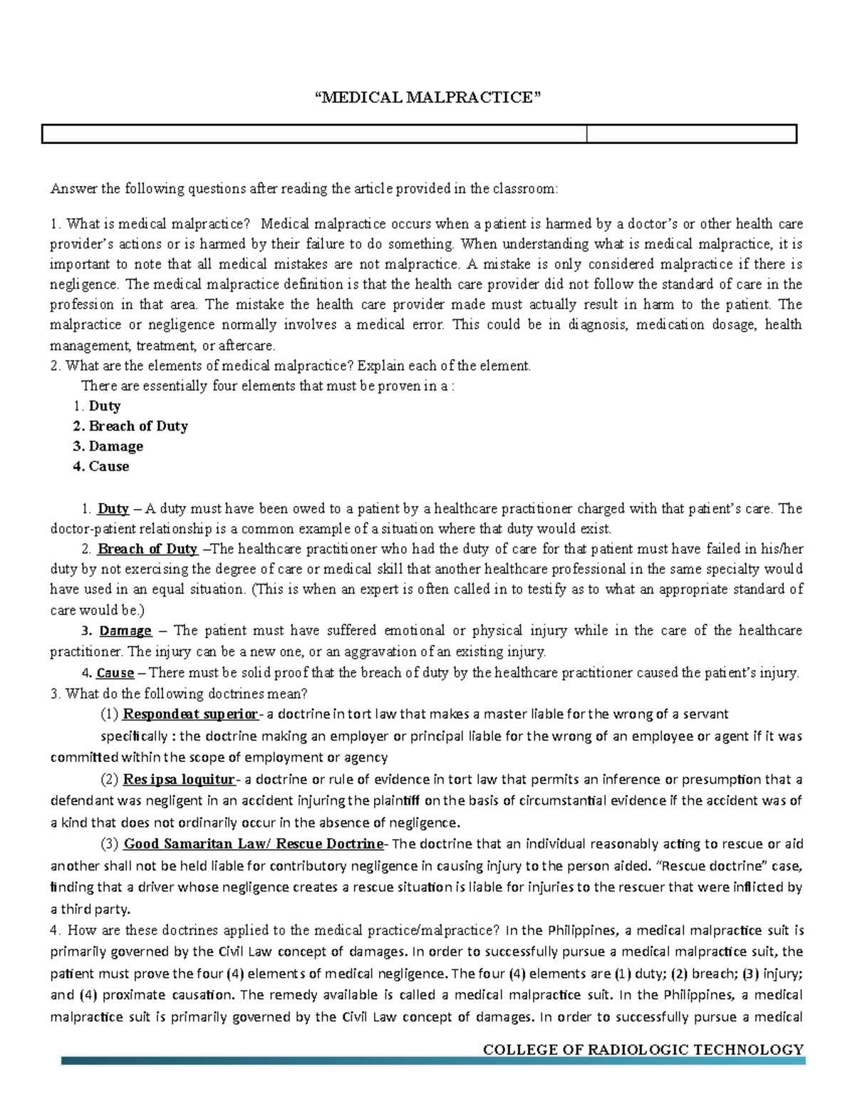 MEDICAL MALPRACTICE - “MEDICAL MALPRACTICE” Answer the following ...
