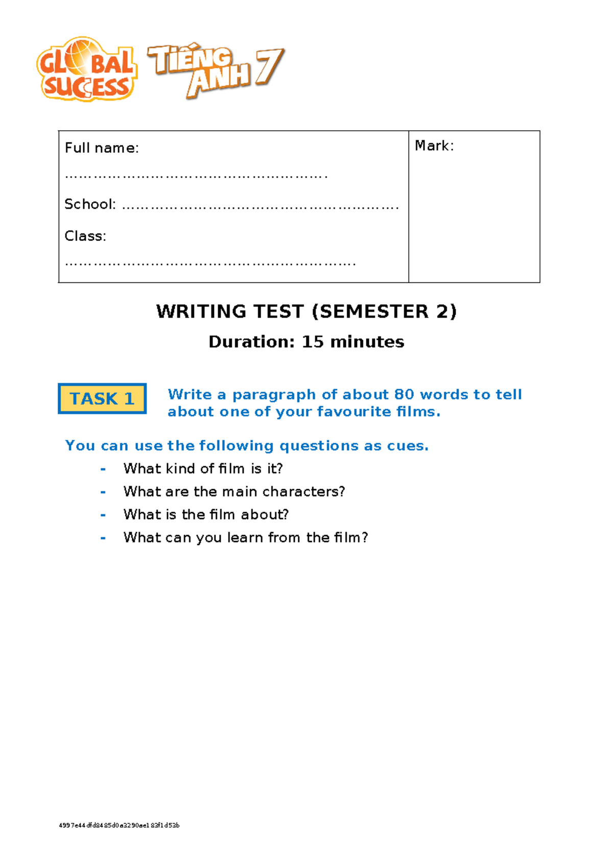 Writing TEST (Semester 2) - Full name