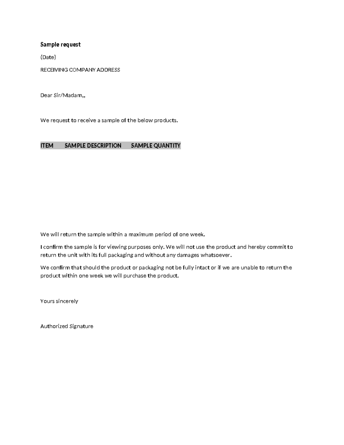 Sample for display request - Sample request (Date) RECEIVING COMPANY ...