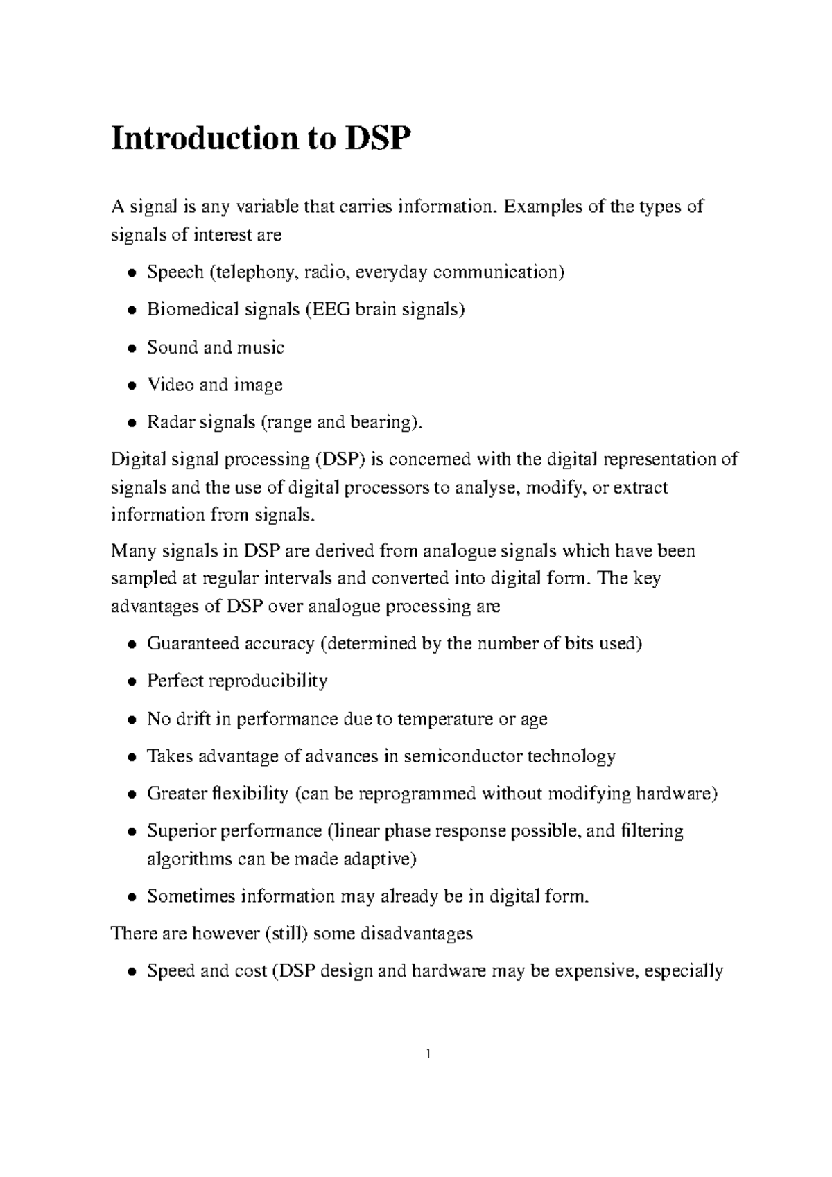 01 intro - Notes - Introduction to DSP A signal is any variable that ...
