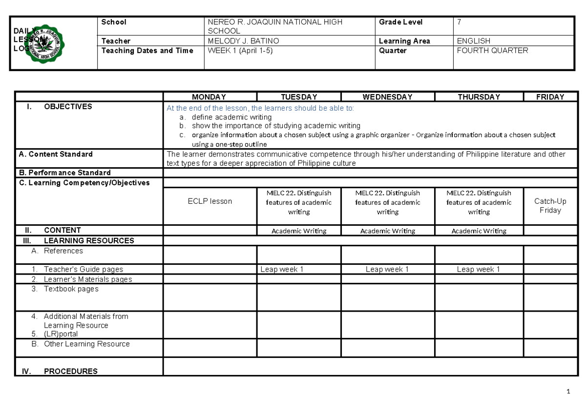 WEEK 1 ( April 1 -5) - lesson plan - MONDAY TUESDAY WEDNESDAY THURSDAY ...