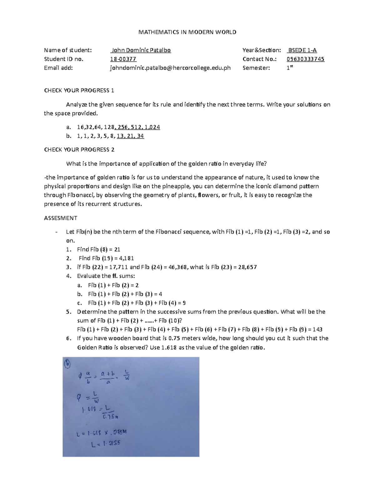 Mathematics IN Modern World - MATHEMATICS IN MODERN WORLD Name of ...