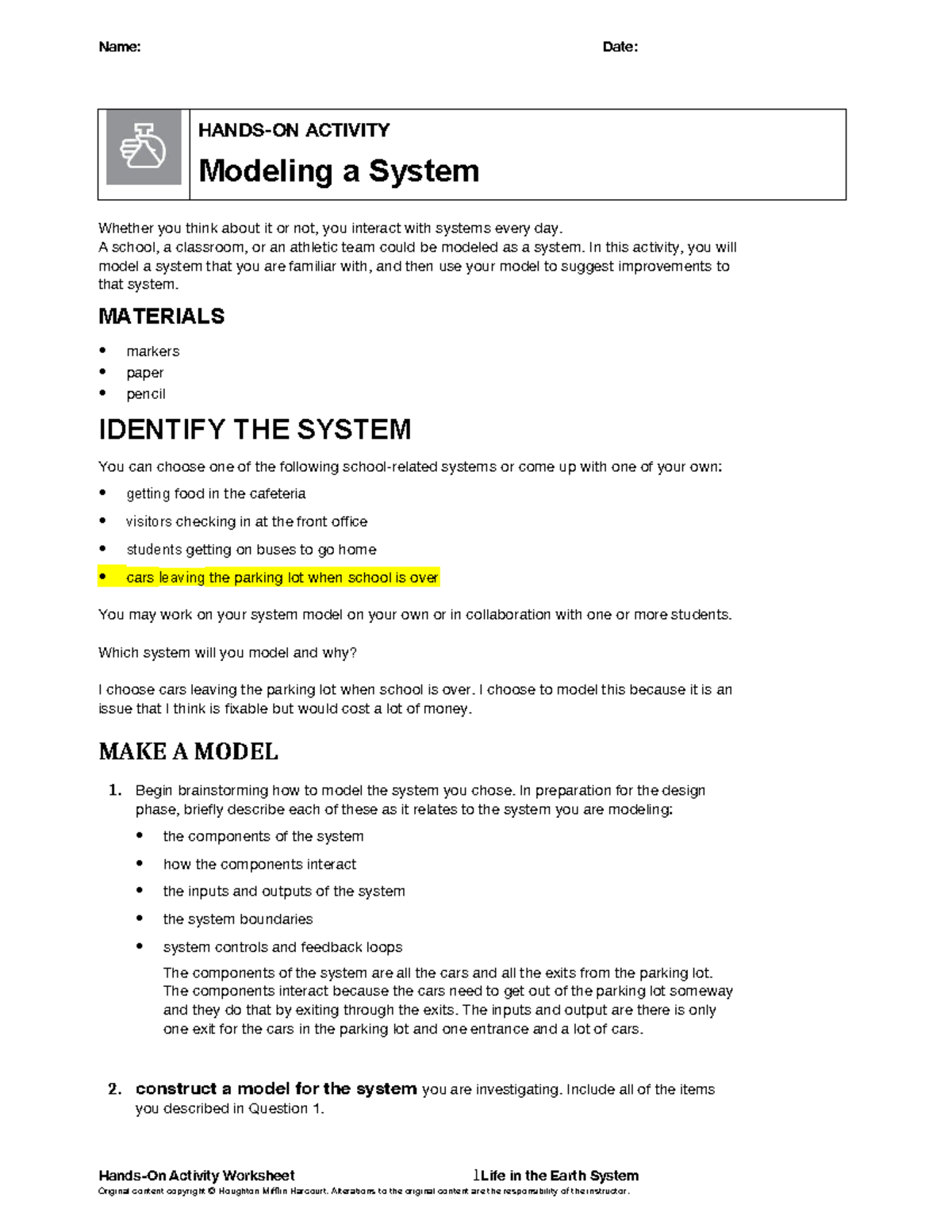 Modeling a system Bio HOL U1 L1 3 - Name: Date: HANDS-ON ACTIVITY ...