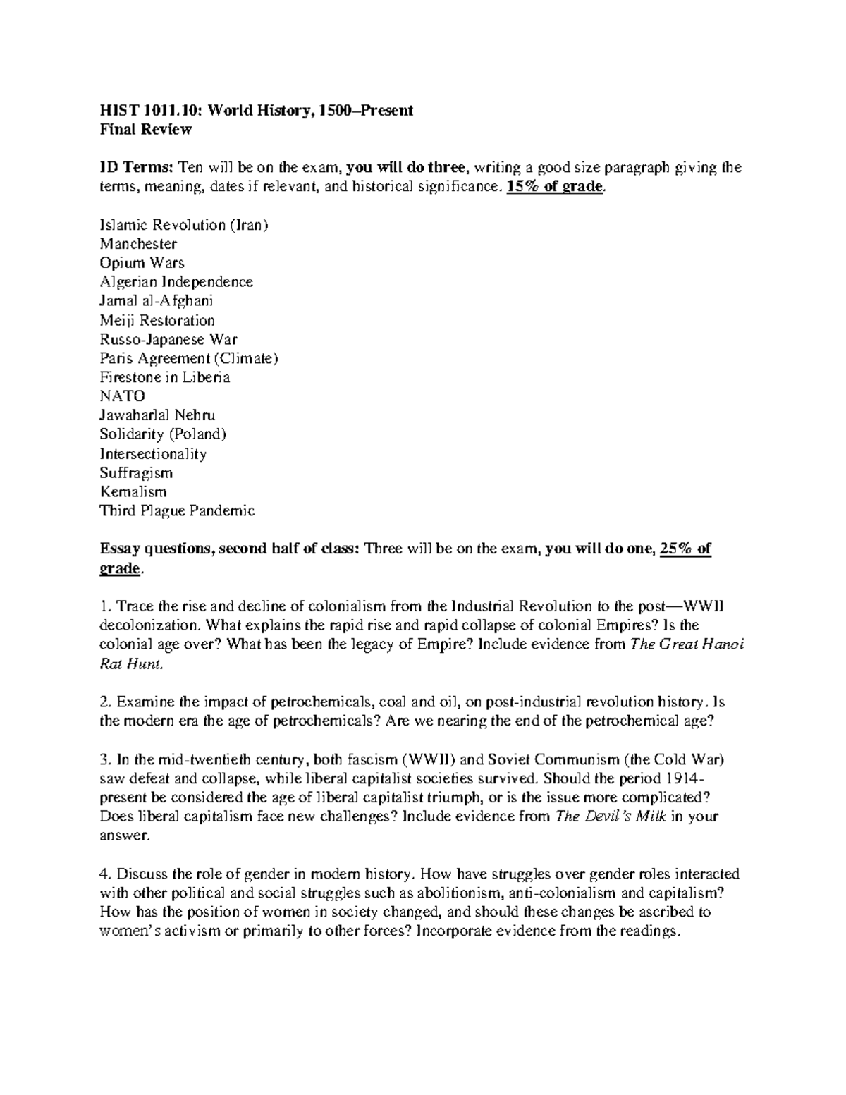 World History Final Review: Exam ID Terms and Essay Questions - Studocu