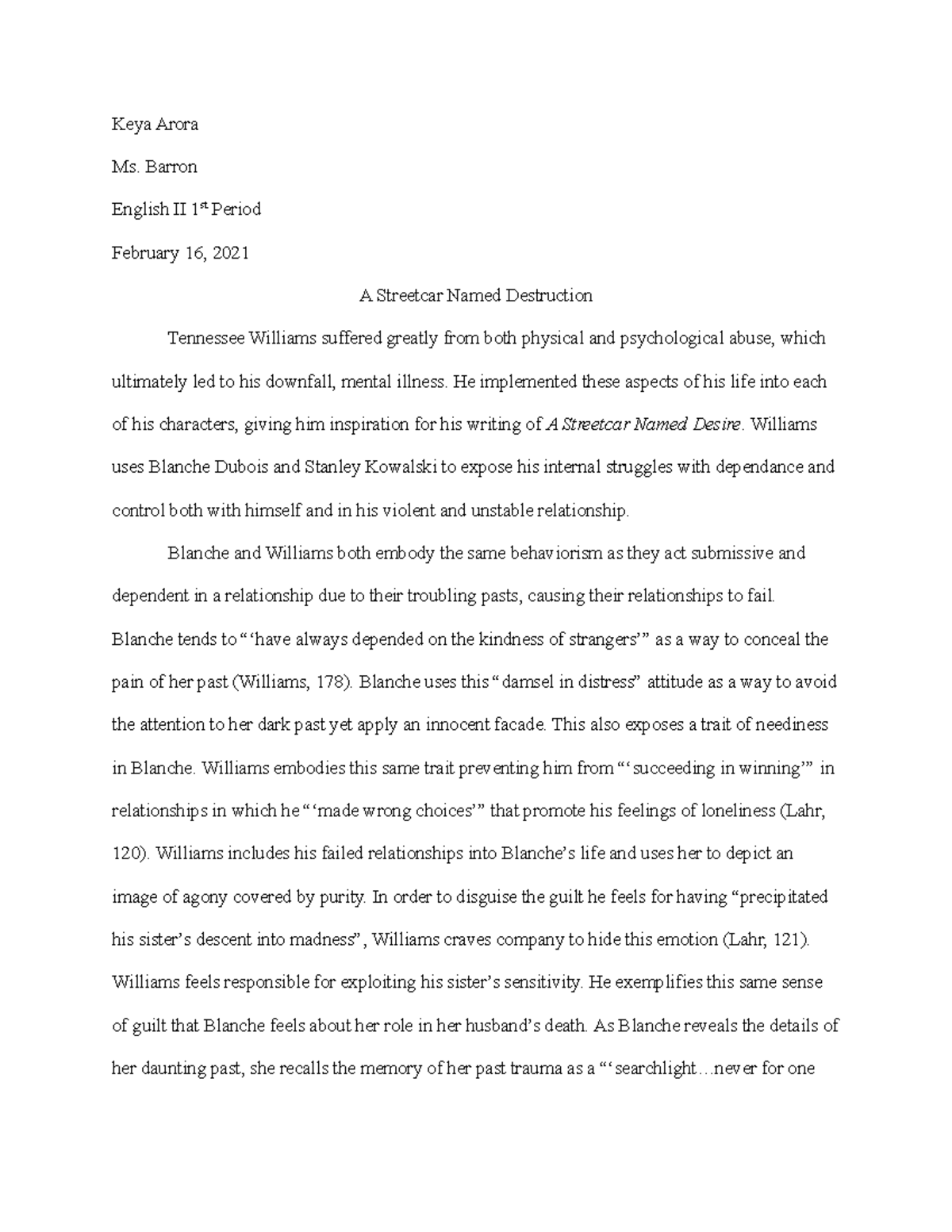 A Streetcar Named Desire Paper - Keya Arora Ms. Barron English II 1st ...