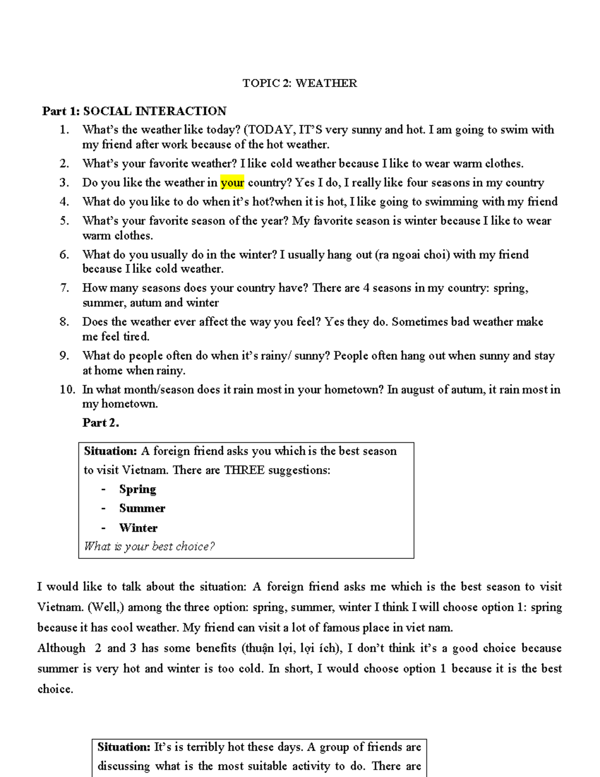 Speaking Topic 2 - Weather - TOPIC 2: WEATHER Part 1: SOCIAL ...