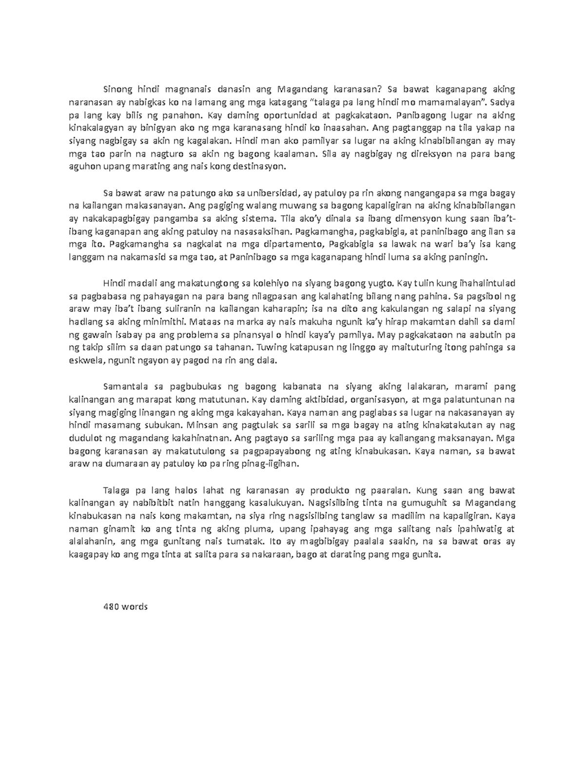 Essay-Filipino-lourmay - Sinong hindi magnanais danasin ang Magandang ...