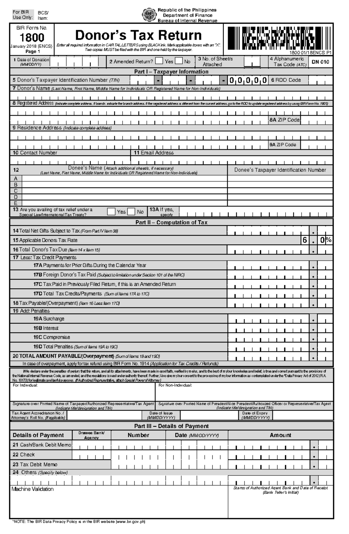 Bureau of Internal Revenue Form 1800 - For BIR Use Only: BCS/ Item ...