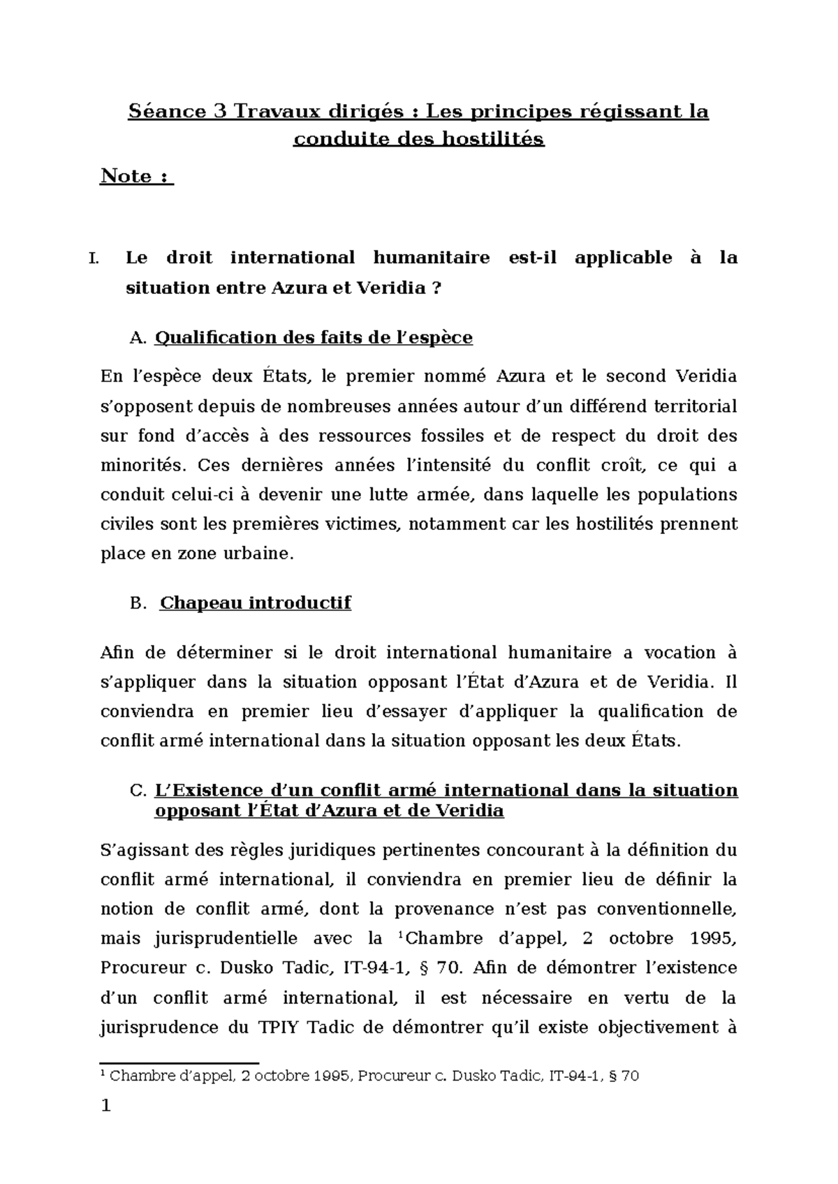 TD droit humanitaire - Travaux dirigés - Séance 3 Travaux dirigés : Les principes régissant la ...