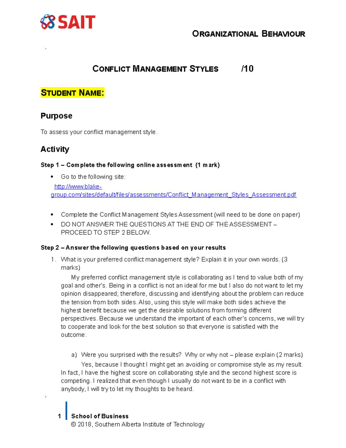 Conflict Mngt Styles assignment - ORGANIZATIONAL BEHAVIOUR CONFLICT ...